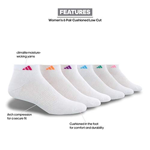 adidas Women's Athletic Cushioned Cut Socks (6-Pair) Low Profile Arch Compression for a Secure Fit, White/Shock Pink/Bright Cyan, Medium