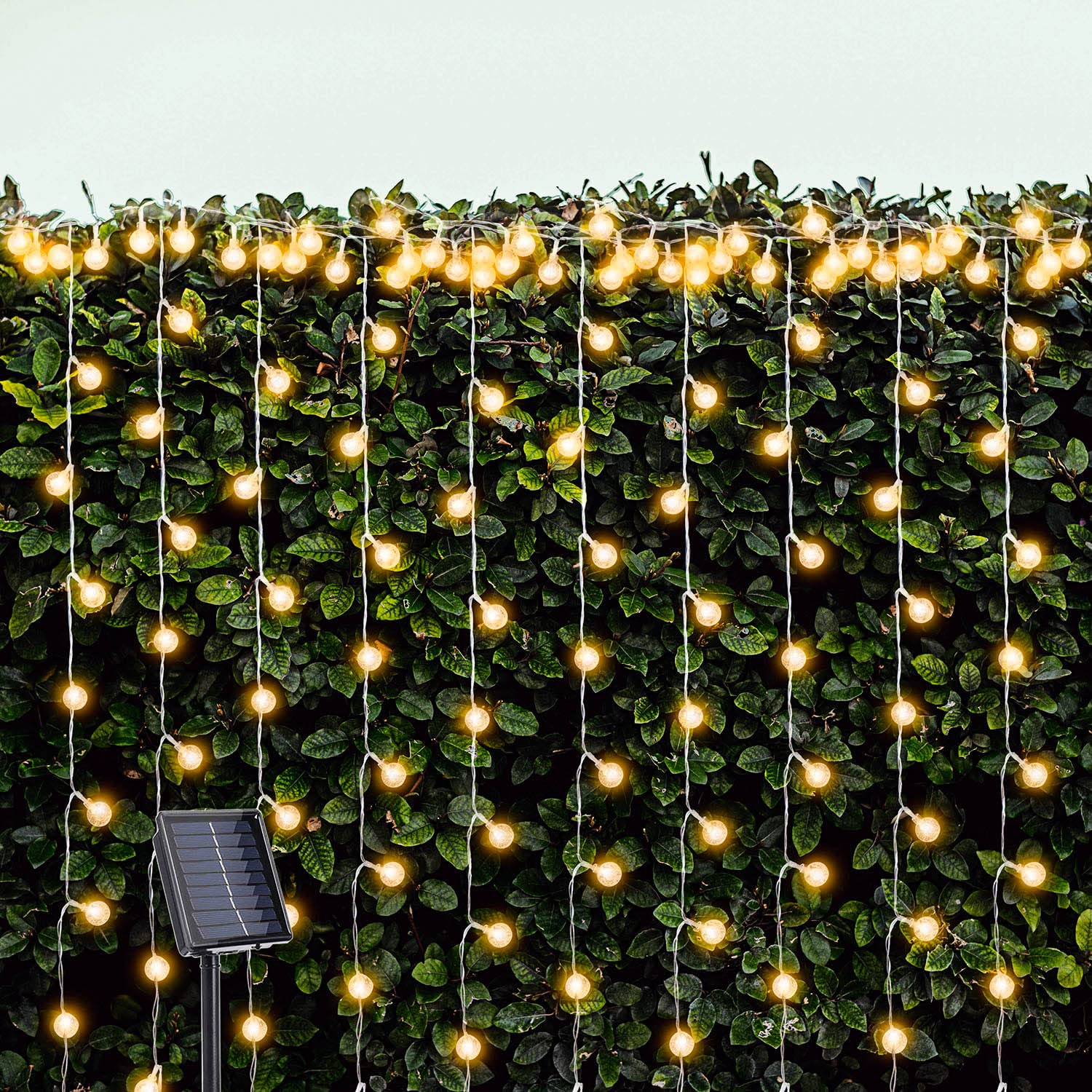 MANBOO LED Curtain Crystal Lights 6.6ft X 5ft 150 Crystal Balls Warm White, Solar Panel with Indicator, Waterproof Outdoor Icicle String Lights for Xmas Patio Garden Party Lawn Balcony Fence Decor