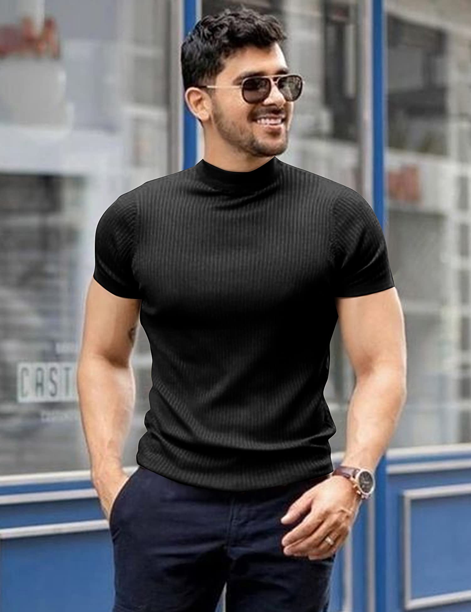 AstoSeu Men's Turtleneck T-Shirts Slim Fit Short Sleeve Basic Tops Lightweight Mockneck Sweater Black S