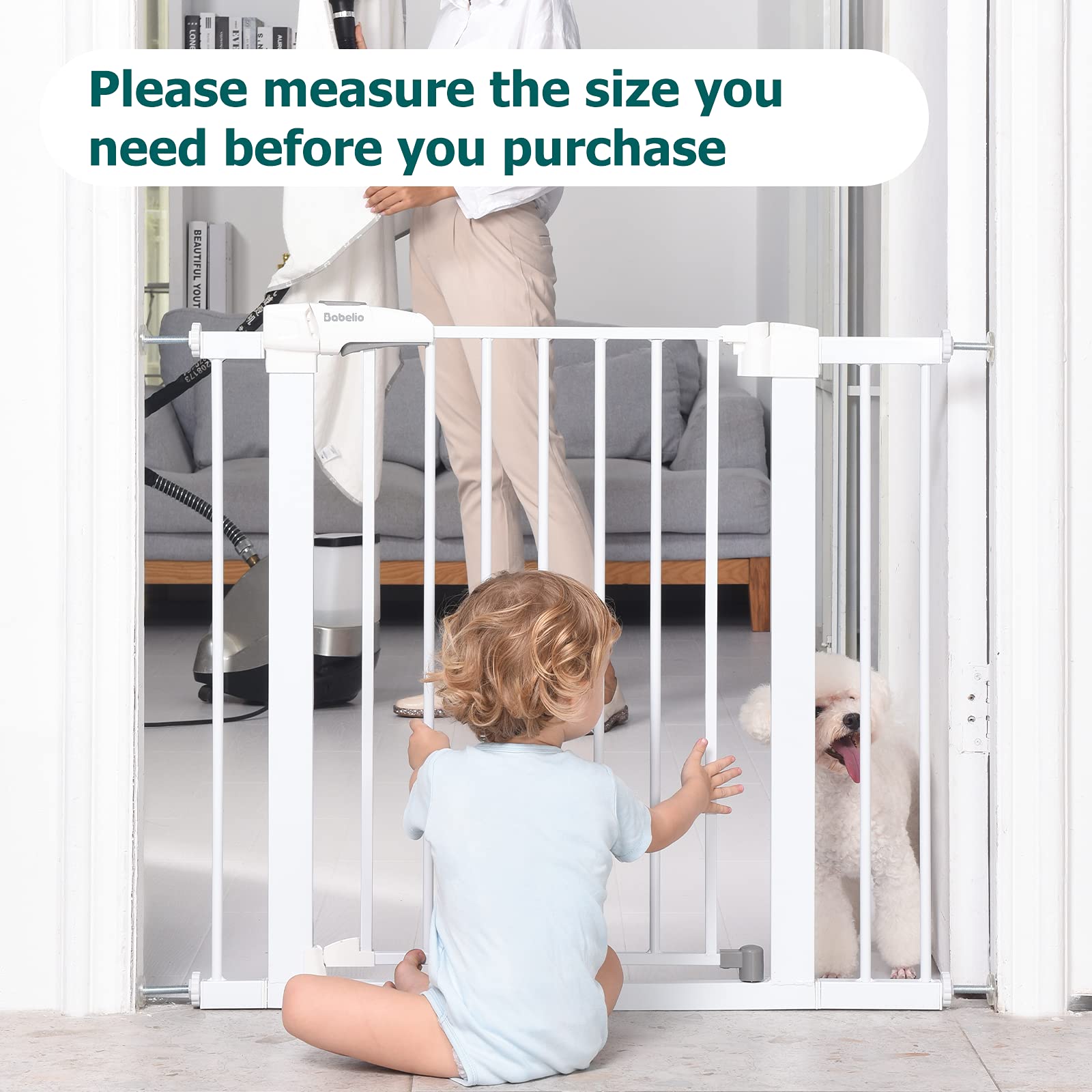 BABELIO 26-34.5 Inch Easy Install Narrow Pressure Mounted Metal Baby Gate, No Drilling, No Tools Required, with Wall Protectors and Extenders (White)