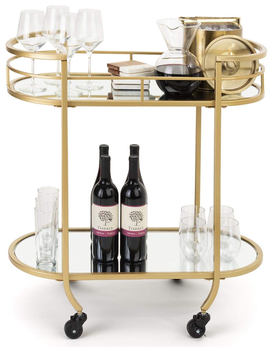 Displays2go Champagne Gold Drinks Trolley, Mirrored Glass Decks, Four Casters - Satin Finish (FSBEVCART5)