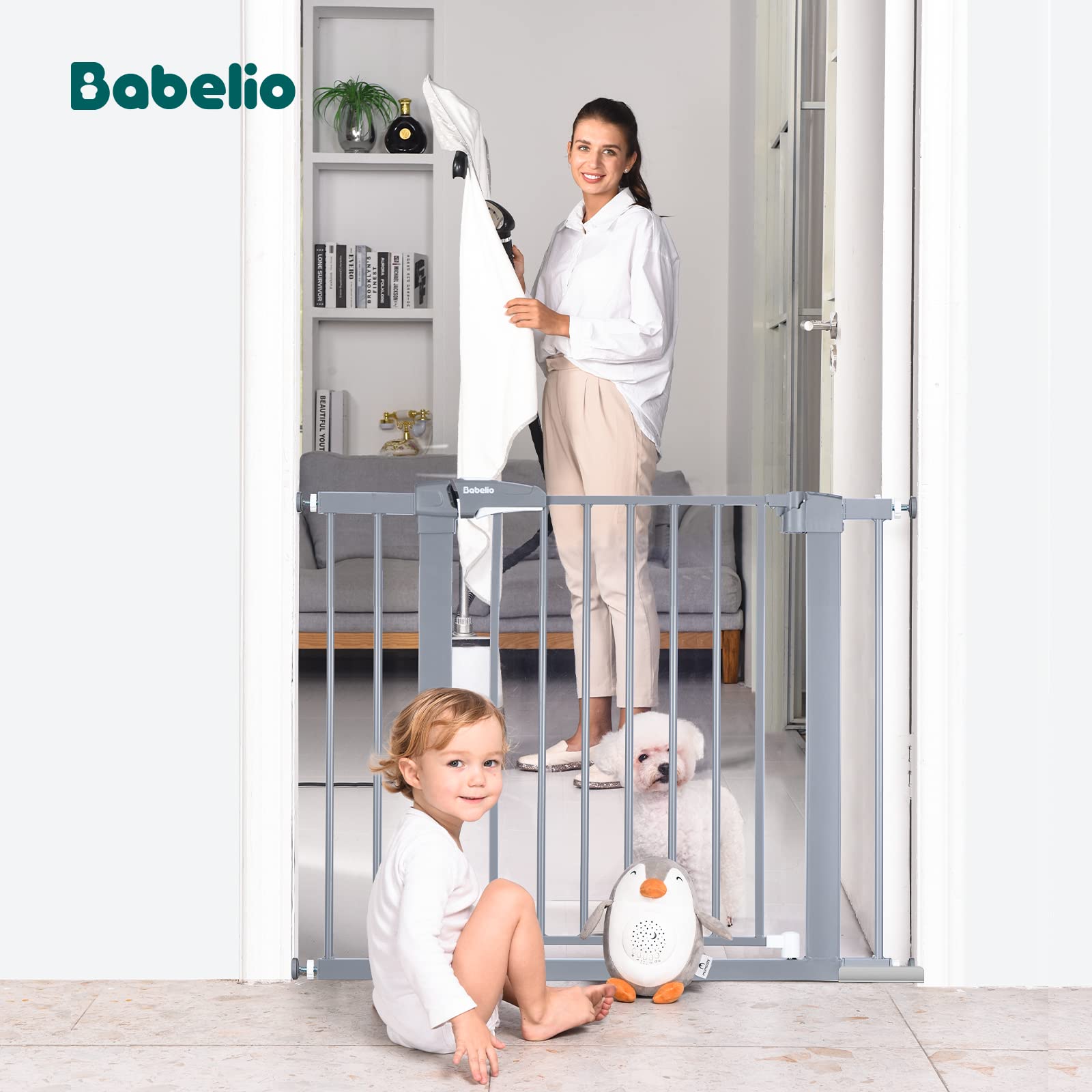 BABELIO 26-45.5 Inch Easy Install Extra Wide Pressure Mounted Metal Baby Gate, No Drilling, No Tools Required, Pet Gate with Wall Protectors and Extenders (Gray)