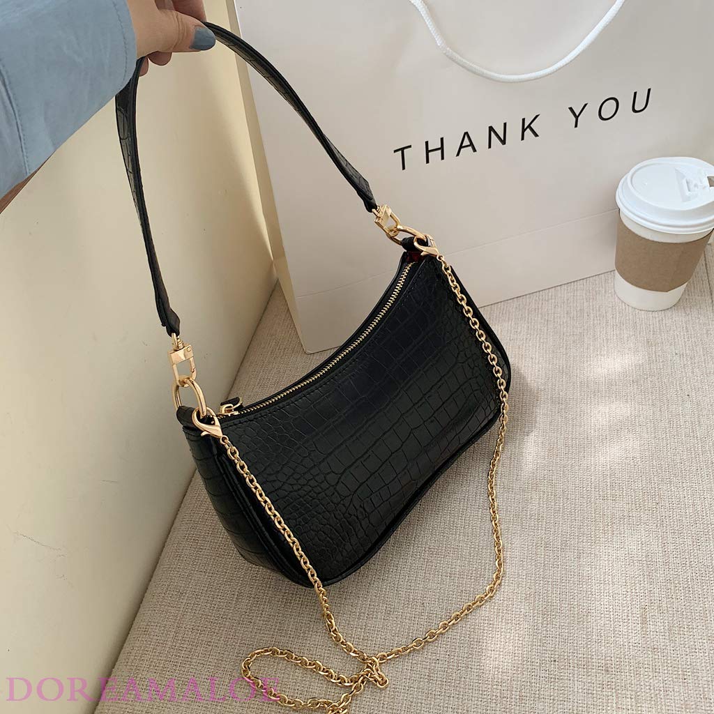 DOREAMALOE Retro Crocodile Purse Classic Clutch Shoulder Tote HandBag with Zipper Closure for Women (White-Pearl Chain)