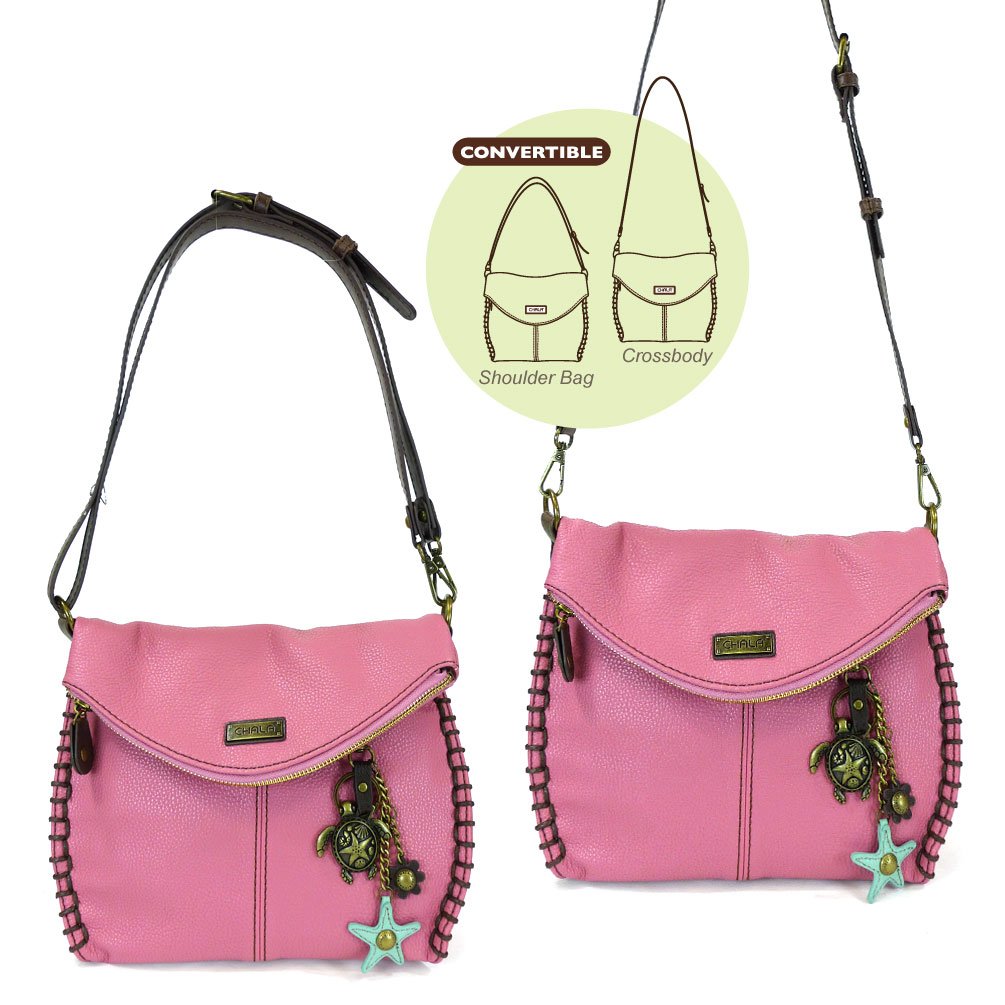 CHALA Bronze Sea Turtle with Teal Starfish Purse Charm + XBody/Shoulder Handbags - 9 Colors (Pink)