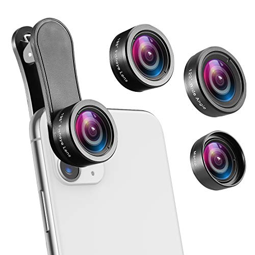 Criacr Phone Camera Lens, 230° Fisheye Lens, 15X Macro Lens, 0.65X Wide Angle Lens, Clip-On 3 in 1 Cell Phone Lens for Live Video, Compatible with iPhone 12 Pro, 11, XR, Samsung, Other Smartphones