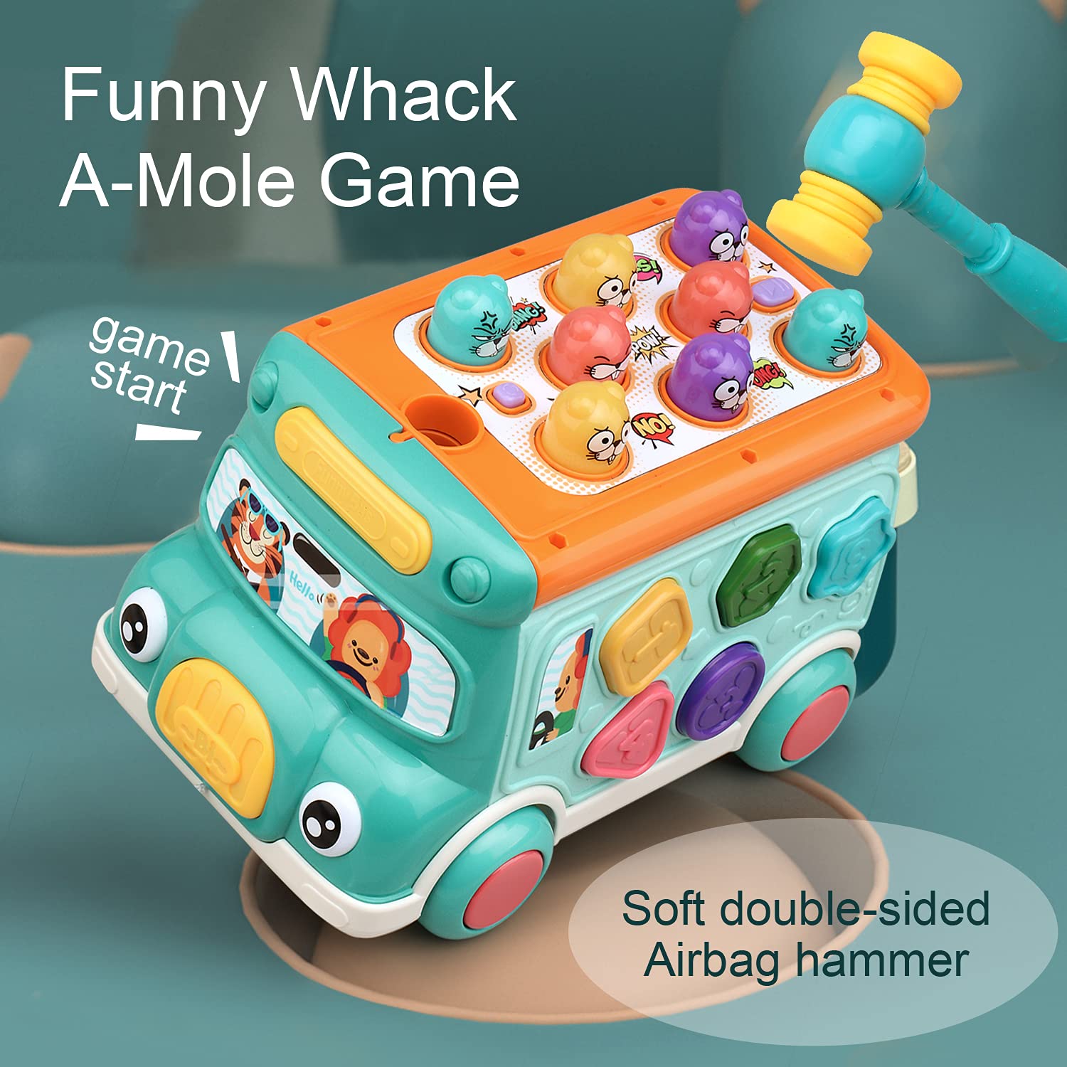 Cute Stone Push Pull Bus Toy, Baby Musical Learning Toys with Sound & Light, Whack-a-Mole Game, Shape Matching, Gear, Toy Clock, Activity Bus Toy Early Education Gift for Toddler Boys Girls