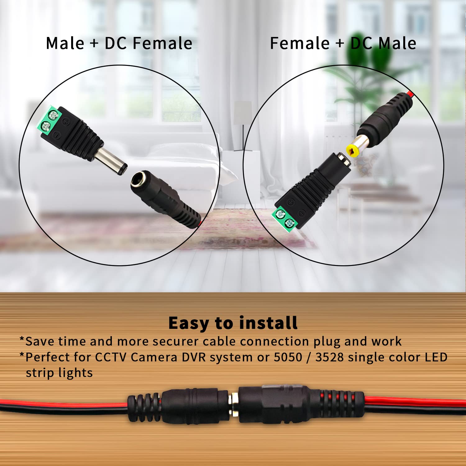 DaFuRui DC Pigtail,18 Pairs 12V 2A DC Male Female Power Pigtail Cable Connector Wire 2.1x5.5mm DC Power Connectors for CCTV Security Camera and 12V Power Supply Adapter
