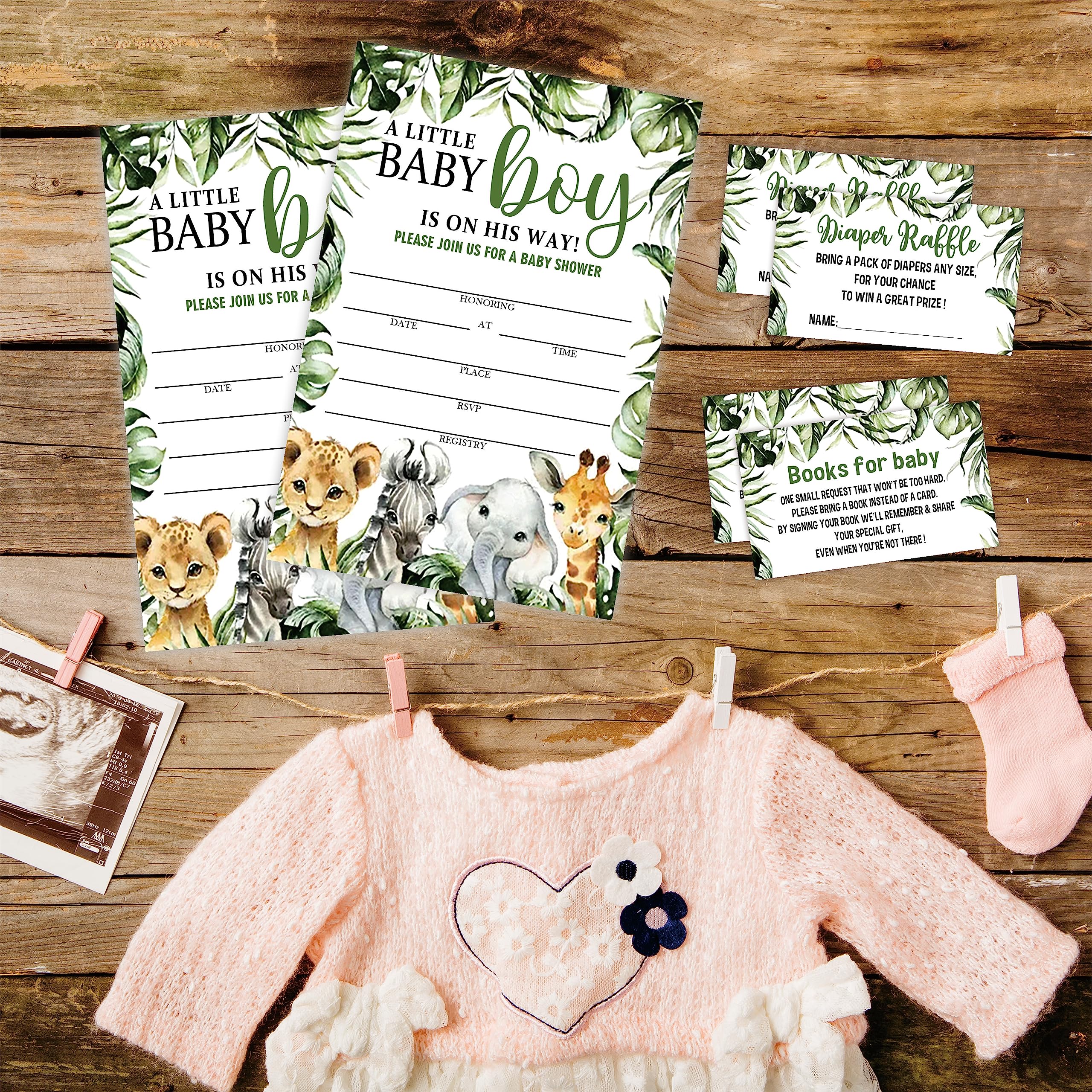 Baby Boy Baby Shower Invitation Set - Greenery Animals Theme - 25 Invites & Envelopes,25 Dipaer Raffle Tickets & 25 Book Request Cards - Gender Reveal Party Supplies -TZ-A06