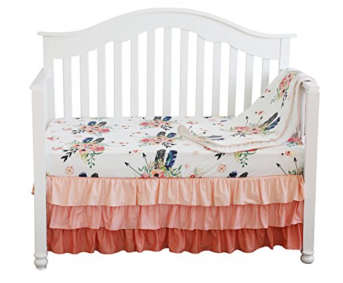 Sahaler Baby Crib Bedding Set for Boy Girls, Nursery Fitted Sheets Baby Minky Blanket Crib Kids Protective Pad Sets(Feather Floral 3pc Set)