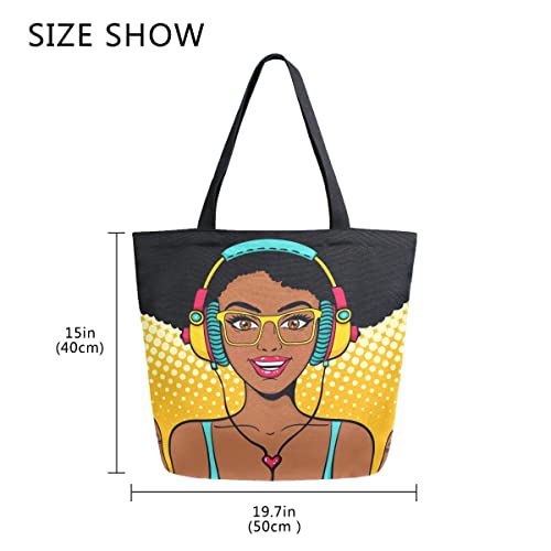 ALAZA African American Woman Music Large Canvas Tote Bag Shopping Shoulder Handbag with Small Zippered Pocket