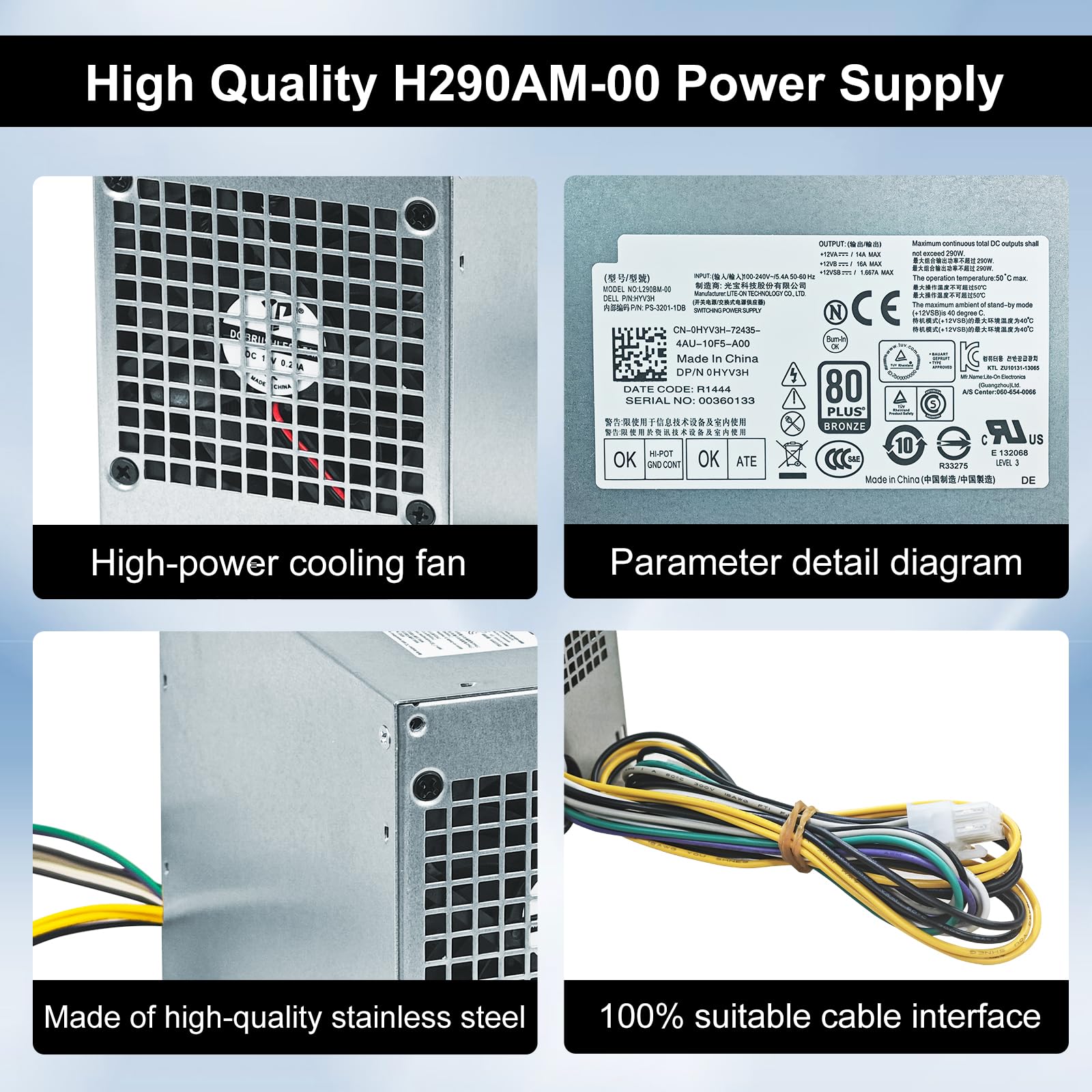 LXun 290W Power Supply Compatible with Dell Optiplex 3020 7020 9020/ Precision T1700/ PowerEdge T20 (MT Mini Tower)(P/N: RVTHD KPRG9 HYV3H H290AM-00 D290A001L L290AM-00 PS-3291-1DF H290EM-00)