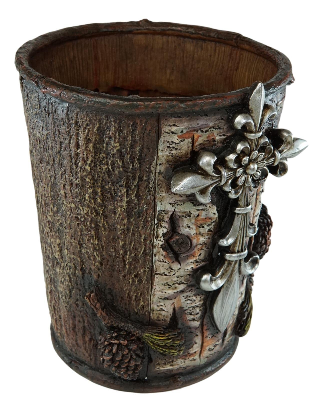 Ebros Gift Rustic Southwestern Inspirational Le Fleur Cross with Birch and Pinecones Bathroom Accessory Resin Sculpture Fleur De Lis Accent (Dry Waste Basket Trash Bin)