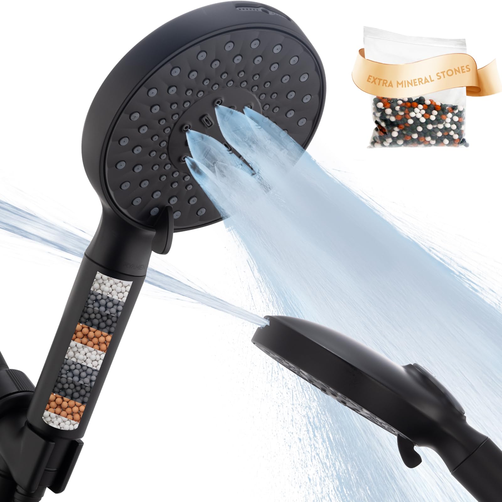 Ryamen Filtered Shower Head with Handheld,Black High Pressure 9 Spray Mode Showerhead with Hose,Bracket and Minerals Stones Replacement Filters for Hard Water,Anti-clog & Powerful to Clean
