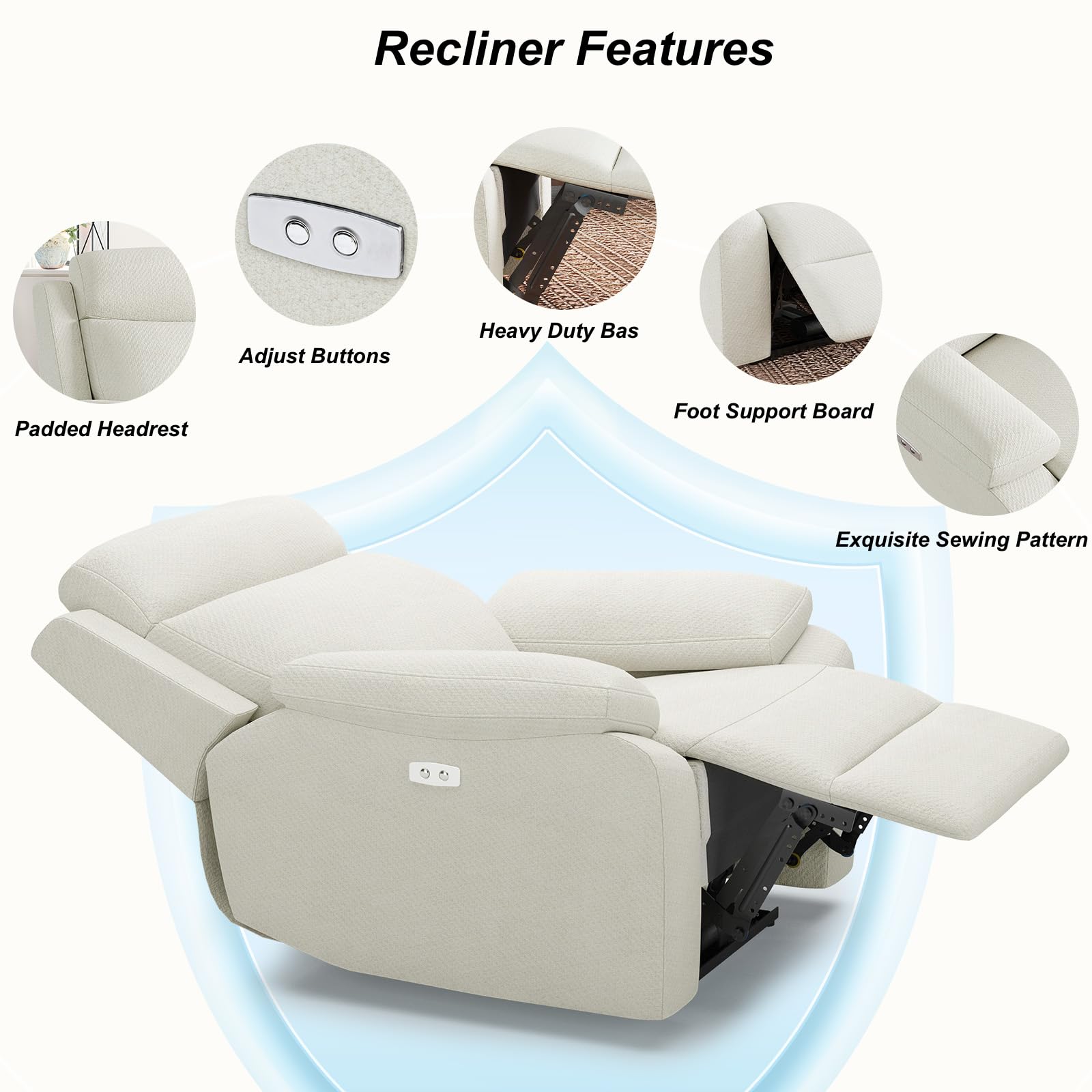 Belffin 105.1” Fabric 4-Seater Reclining Couch. Power Recliner Sofa for Living Room. Electric Recliner Couch. Beige.