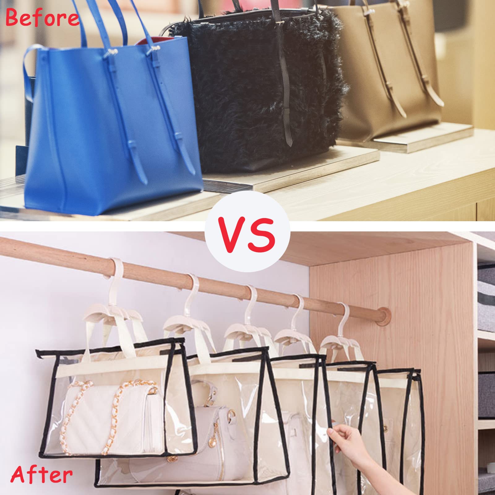 DOUBFIVSY 6 Pack Handbag Dust Bags, Transparent Handbag Storage Organizer Clear Purse Dust Cover for Closet Purse Protector Storage Bag with Zipper, Handles, 6pcs S Shaped Hooks (4)