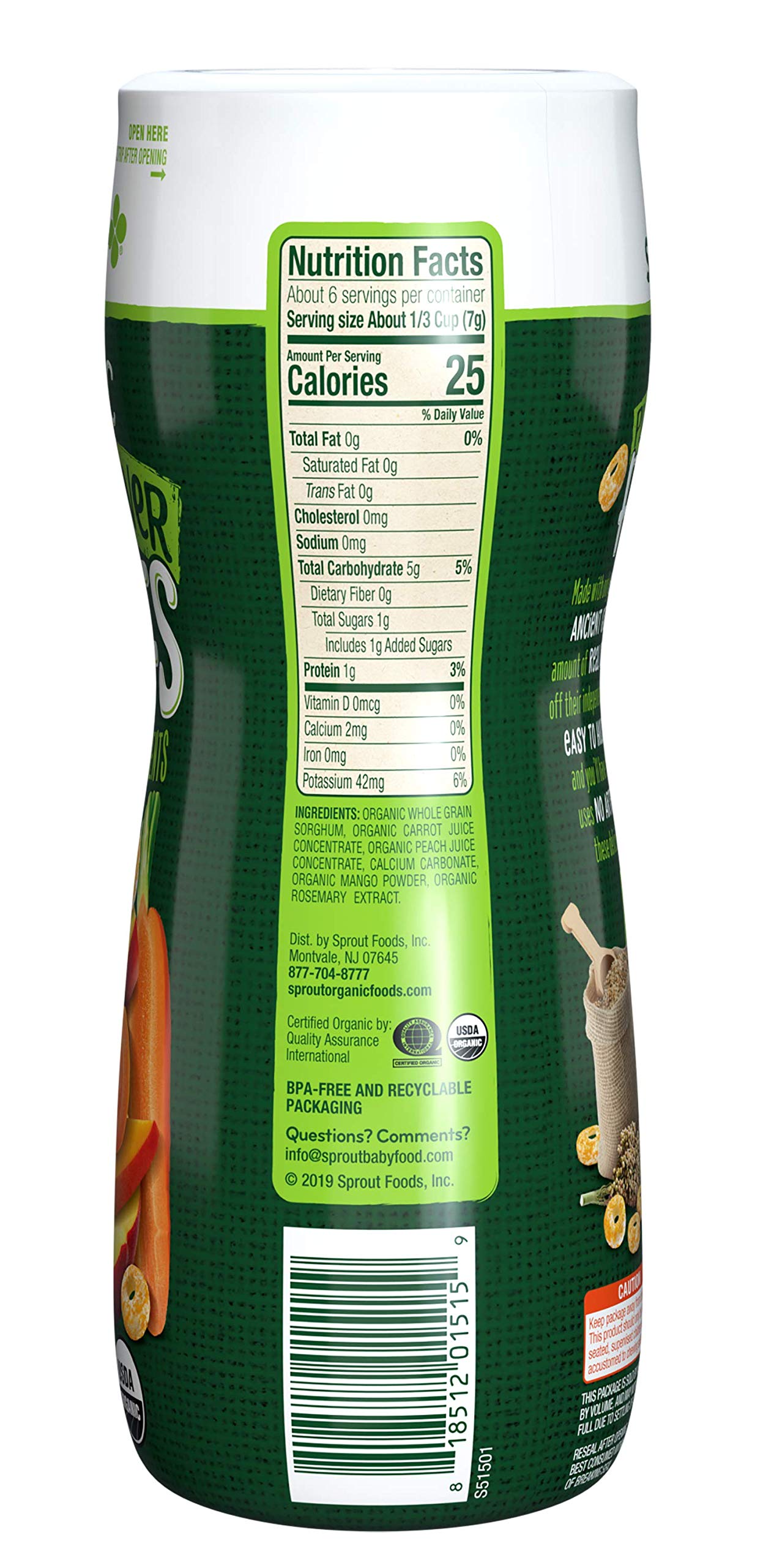 Sprout Organic Baby Food Plant Power Puffs, 1.5 Canister 1.5 Ounce (Pack of 6) Carrot Peach Mango