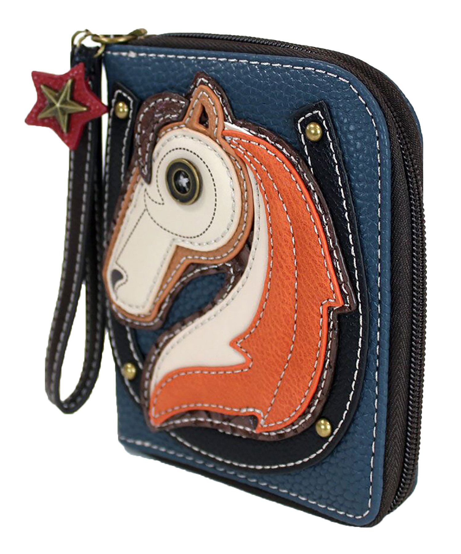 CHALA Zip Around Wallet, Wristlet, 8 Credit Card Slots, Sturdy Pu Leather - Horse - Navy