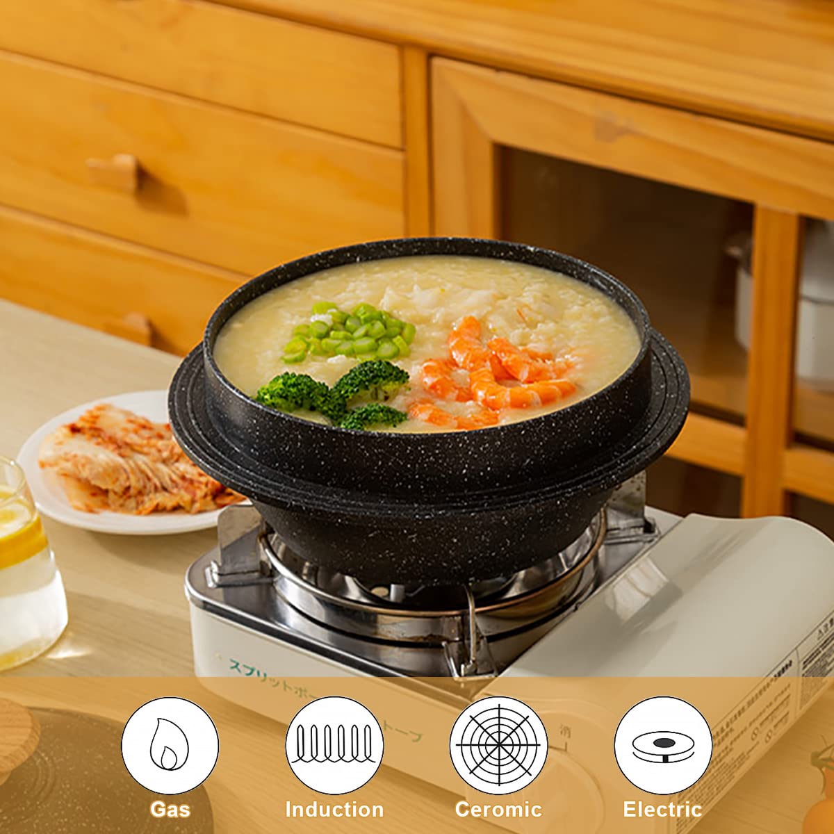 Bobikuke Cast Aluminum Pot with Lid, 7.9 in Non-Stick Casserole Dish Korean Stone Bowl Induction Compatible, Black