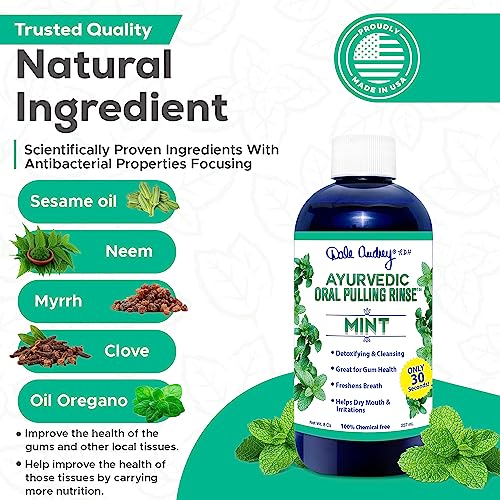 Dale Audrey Ayurvedic Organic Oil Pulling for Teeth and Gums | Refreshing Mint Flavored Oral Rinse Mouthwash | Essential Oils for Bad Breath | Whitening Teeth & Fresh Breath | (3 Pack,8oz)