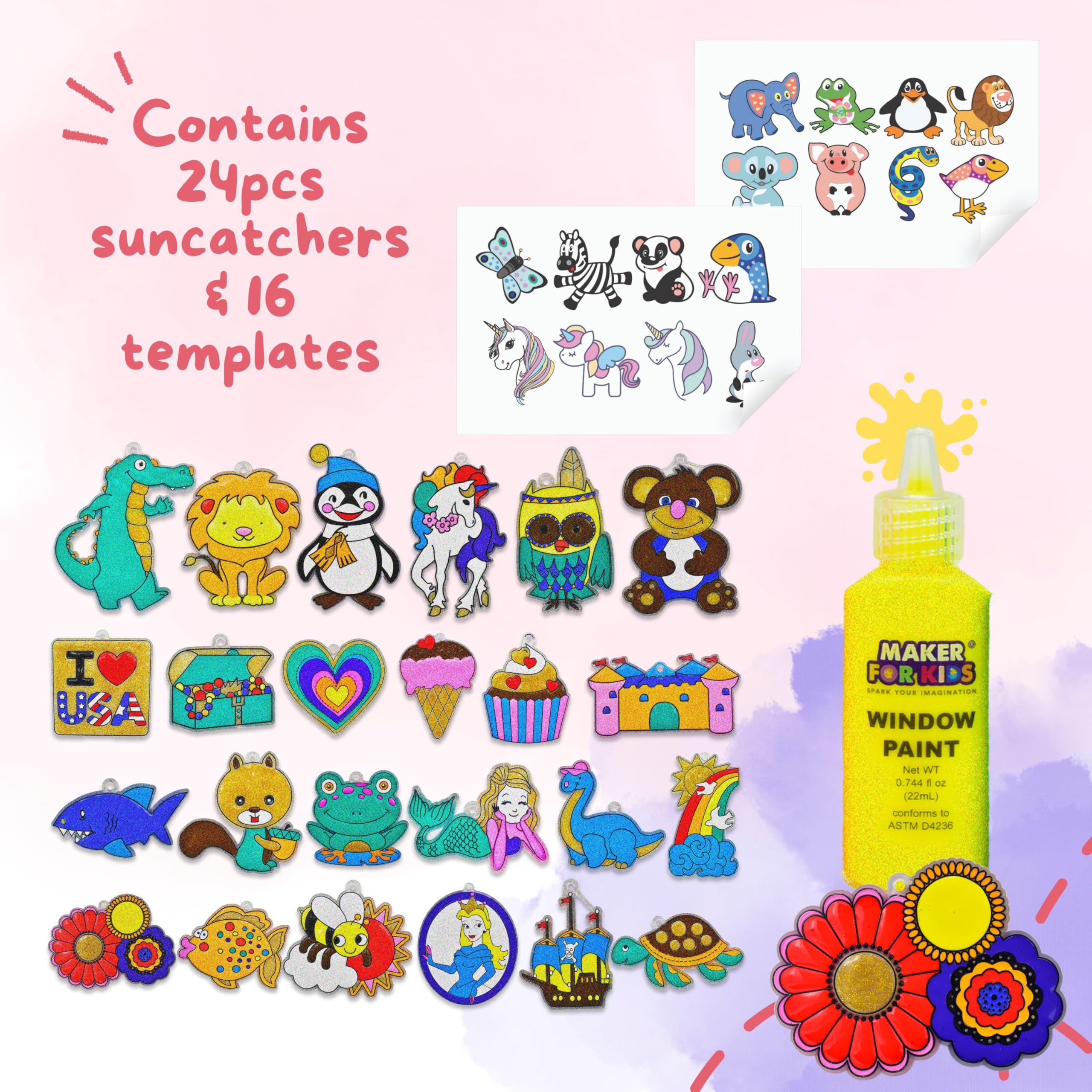Create Your Own Suncatchers for Window Hanging – 24-Pack Window Glitter Art Suncatcher Kit with 12 Colors – Arts and Crafts for Kids