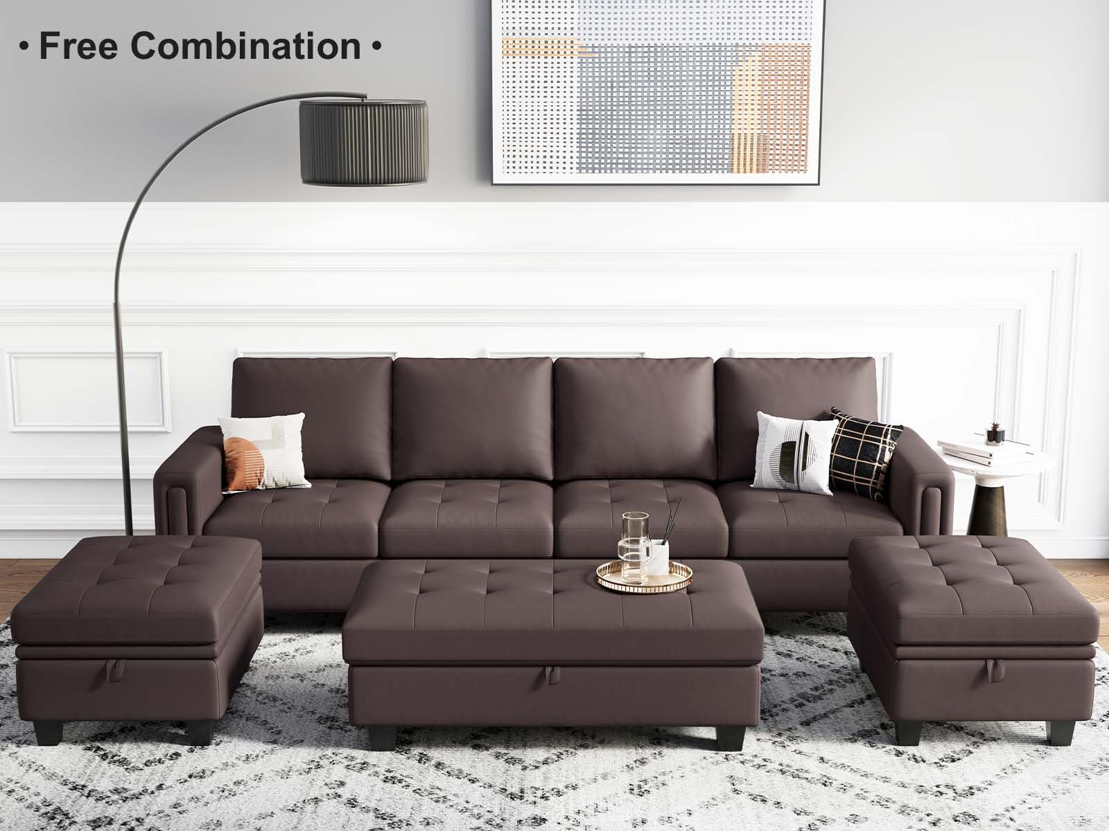 Belffin Faux Leather Convertible 4-Seat Sectional Sleeper Sofa with Reversible Chaise Leather Sleeper Sectional Couch Bed with Storage Ottoman Sectional Sofa Couch Set Brown