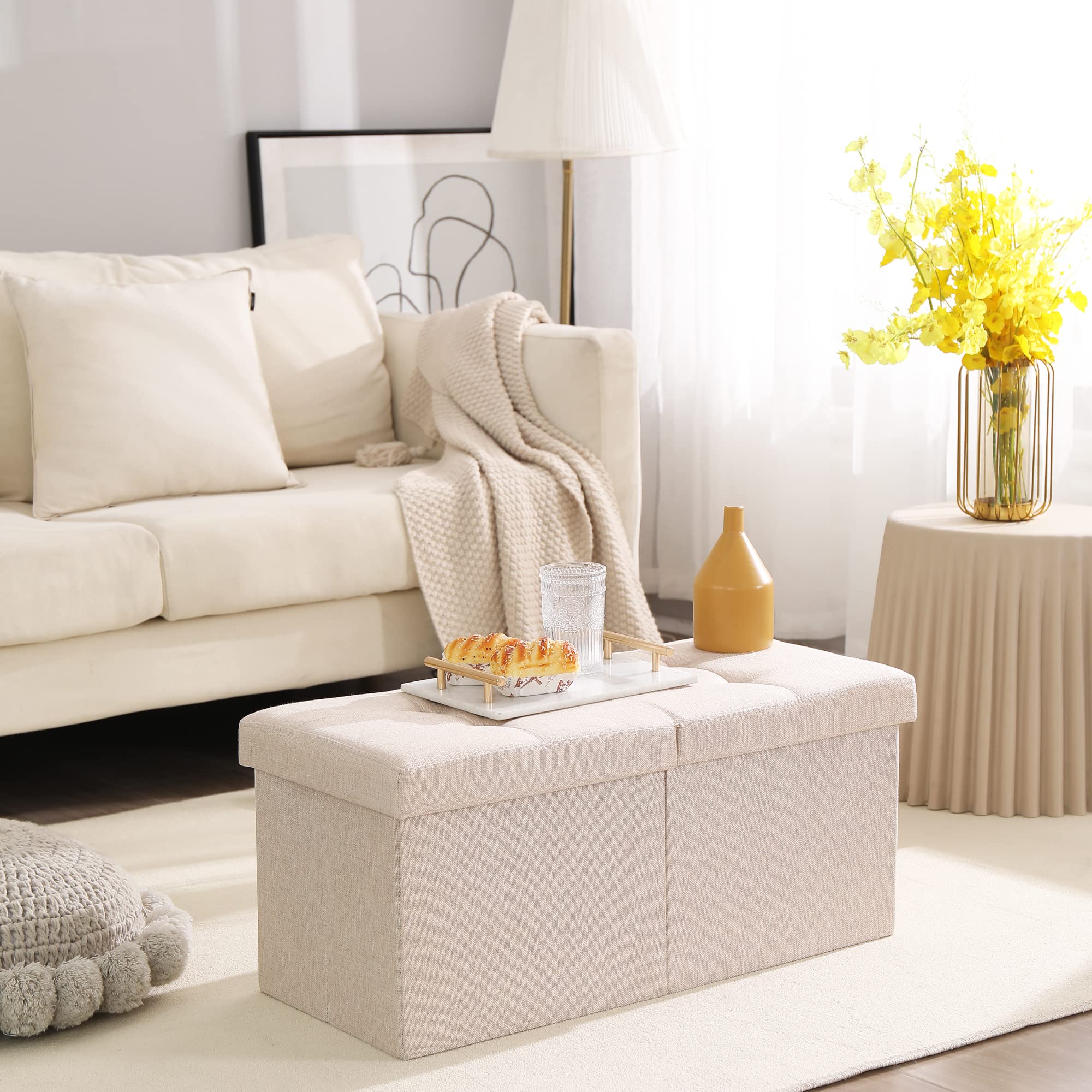CUYOCA Storage Ottoman Bench Foldable Seat Footrest Shoe Bench End of Bed Storage, 80L Storage Space, 30 inches Linen Fabric Cream