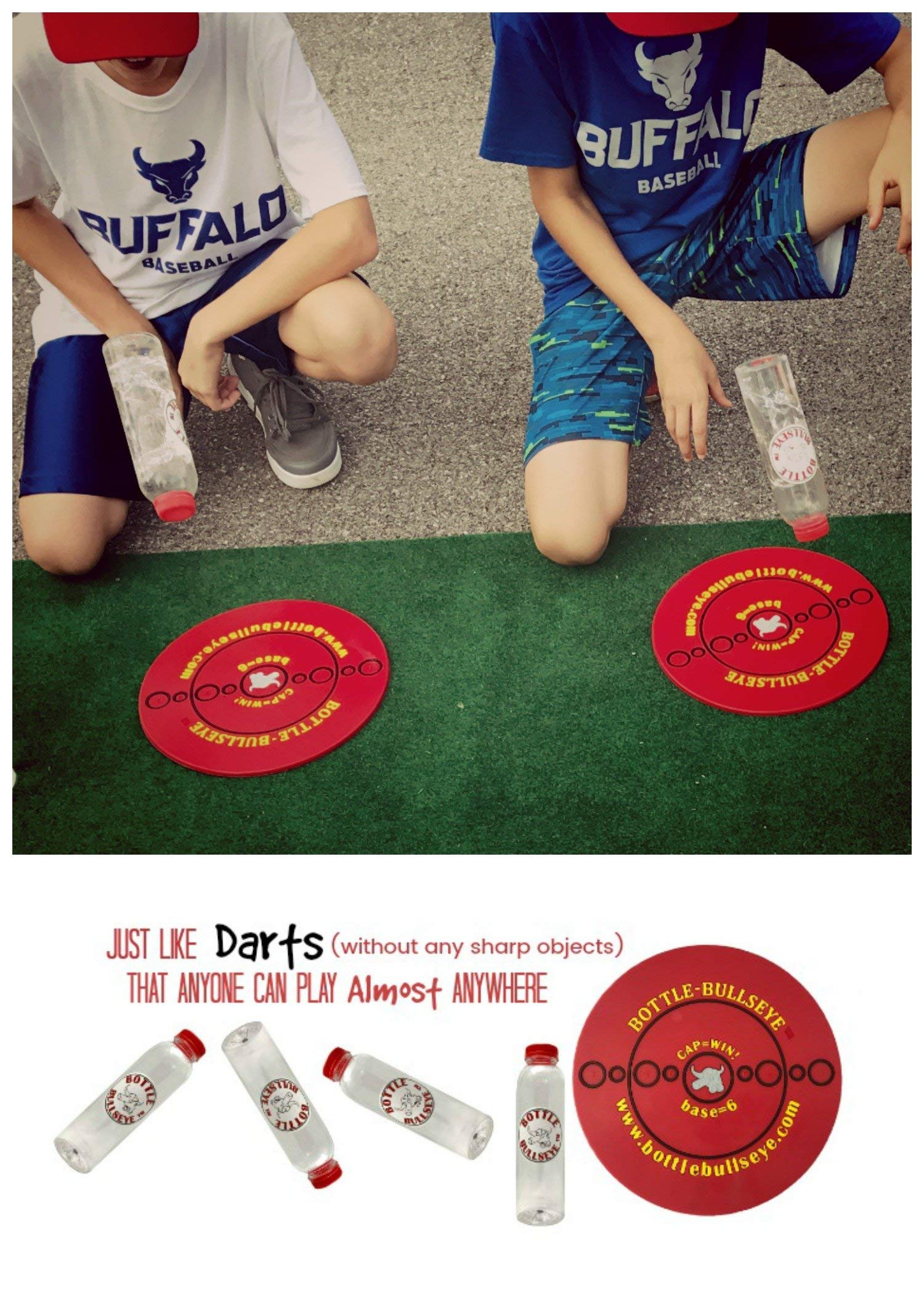 BOTTLE-BULLSEYE™ Game. Official Game Kit. Fun Family Game. Play Indoors or Outdoors. Made in The USA. Great for Family Game Night, Parties, picnics, Camping, Tailgating. Durable Target & Bottles!