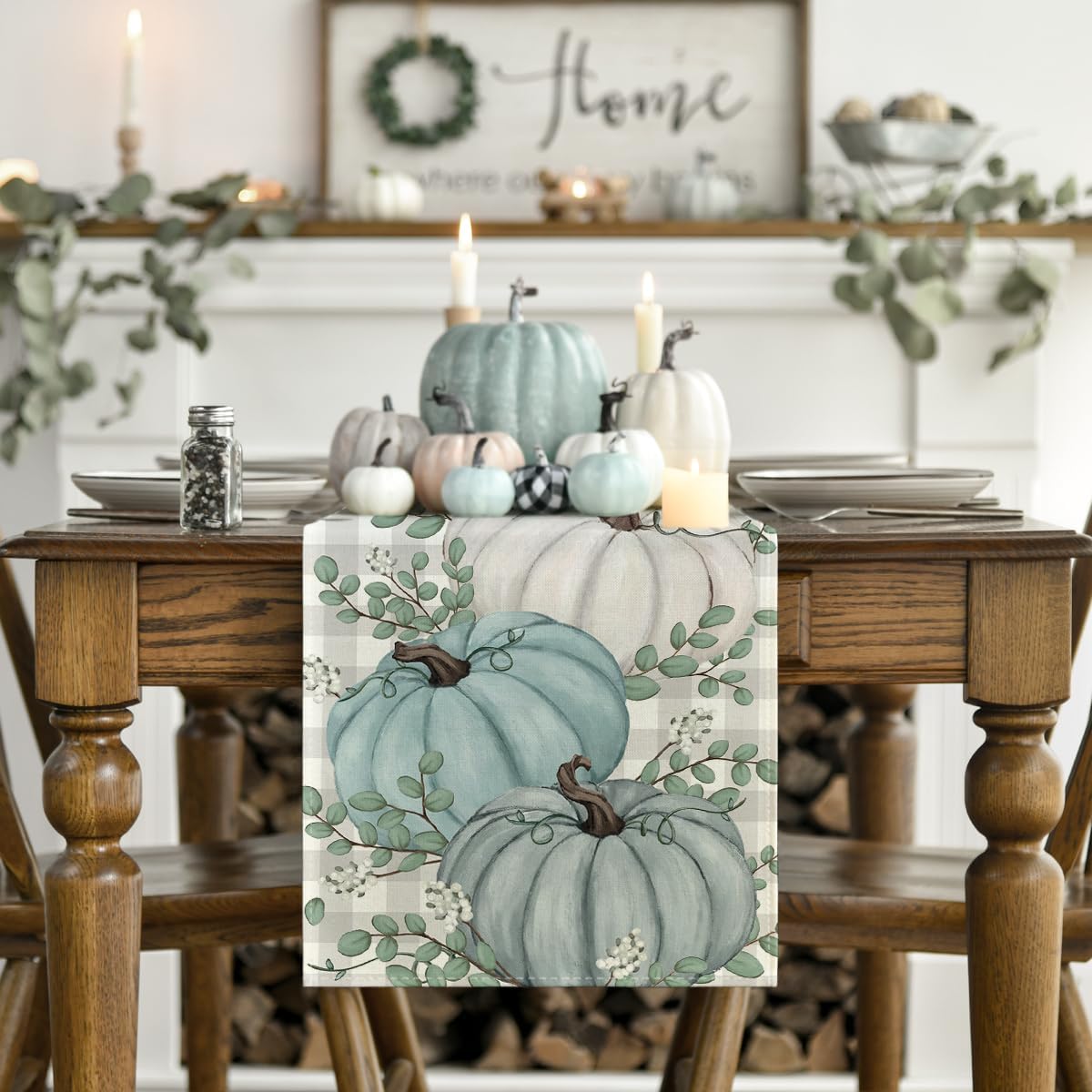 Artoid Mode Buffalo Plaid Pumpkins Leaves Eucalyptus Fall Table Runner, Autumn Thanksgiving Kitchen Dining Table Decoration for Home Party Decor 13x72 Inch