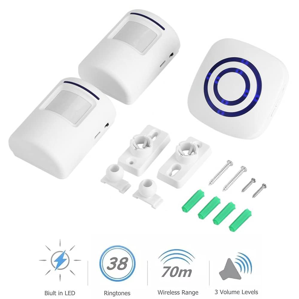 Wireless Home Security Driveway Alarm, Enegg Entry Alert, Visitor Door Bell Chime with 1 Plug-in Receiver and 2 PIR Motion Sensor Detector Alert System, Quality Sound and LED, 38 Melodies