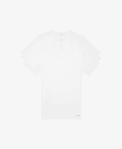 Calvin Klein mens 100% Cotton 3 Pack Short Sleeve Slim Fit V Neck, white - Large
