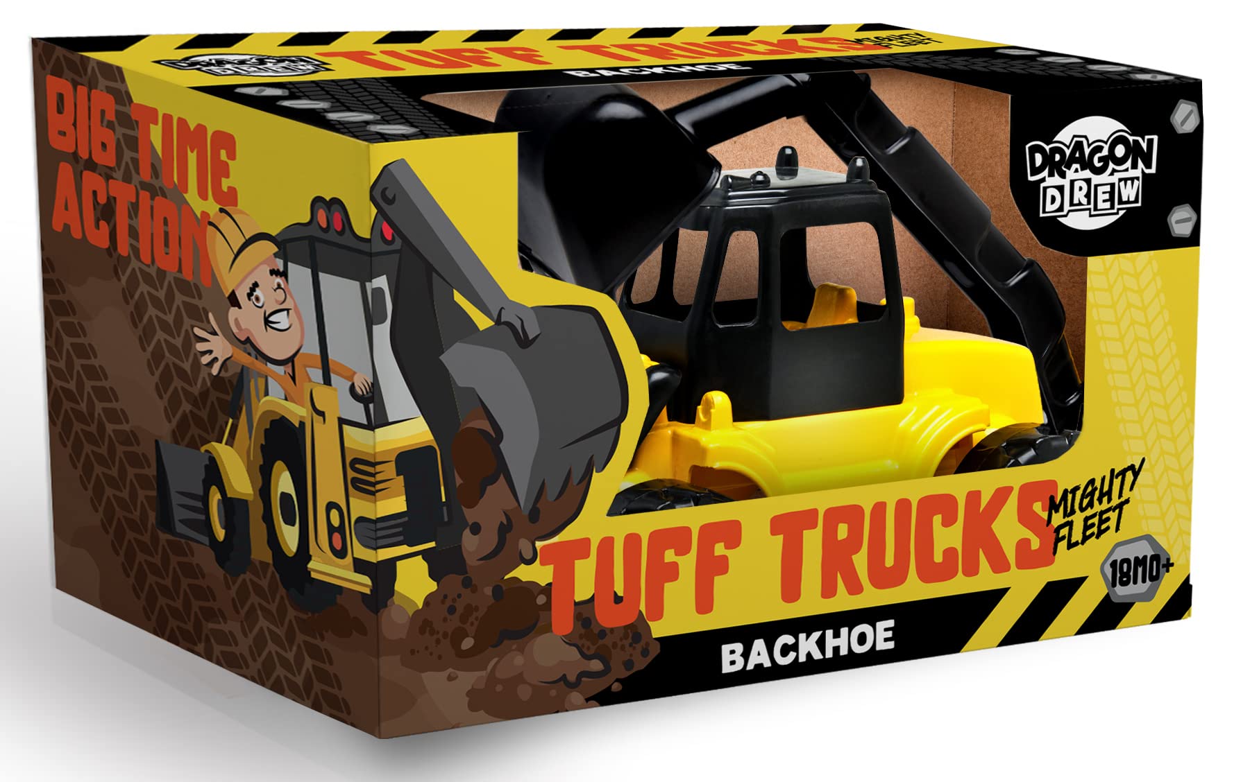 Dragon Drew Backhoe Toy Construction Truck | Front Loader and Excavator Scoop Truck for Kids and Toddlers