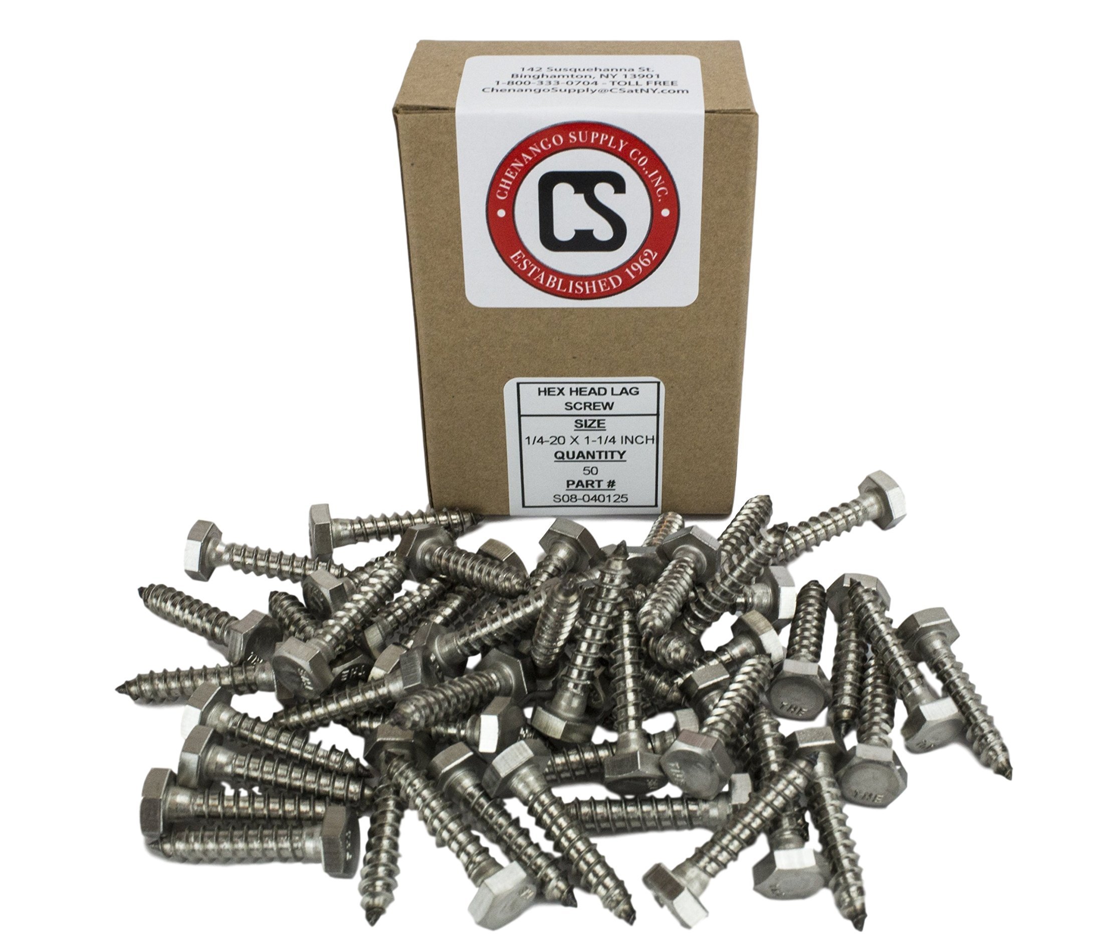 Stainless 1/4 x 1-1/4" Hex Lag Screw (1" to 5" Lengths Available in Listing), 18-8 Stainless Steel, 50 Pieces (1/4 x 1-1/4")