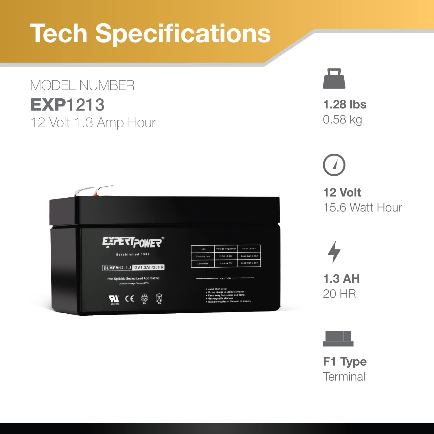 ExpertPower 12v 1.3Ah SLA Rechargeable Battery With F1 Terminals || (2 Pack) Not a Replacement for WP3_12