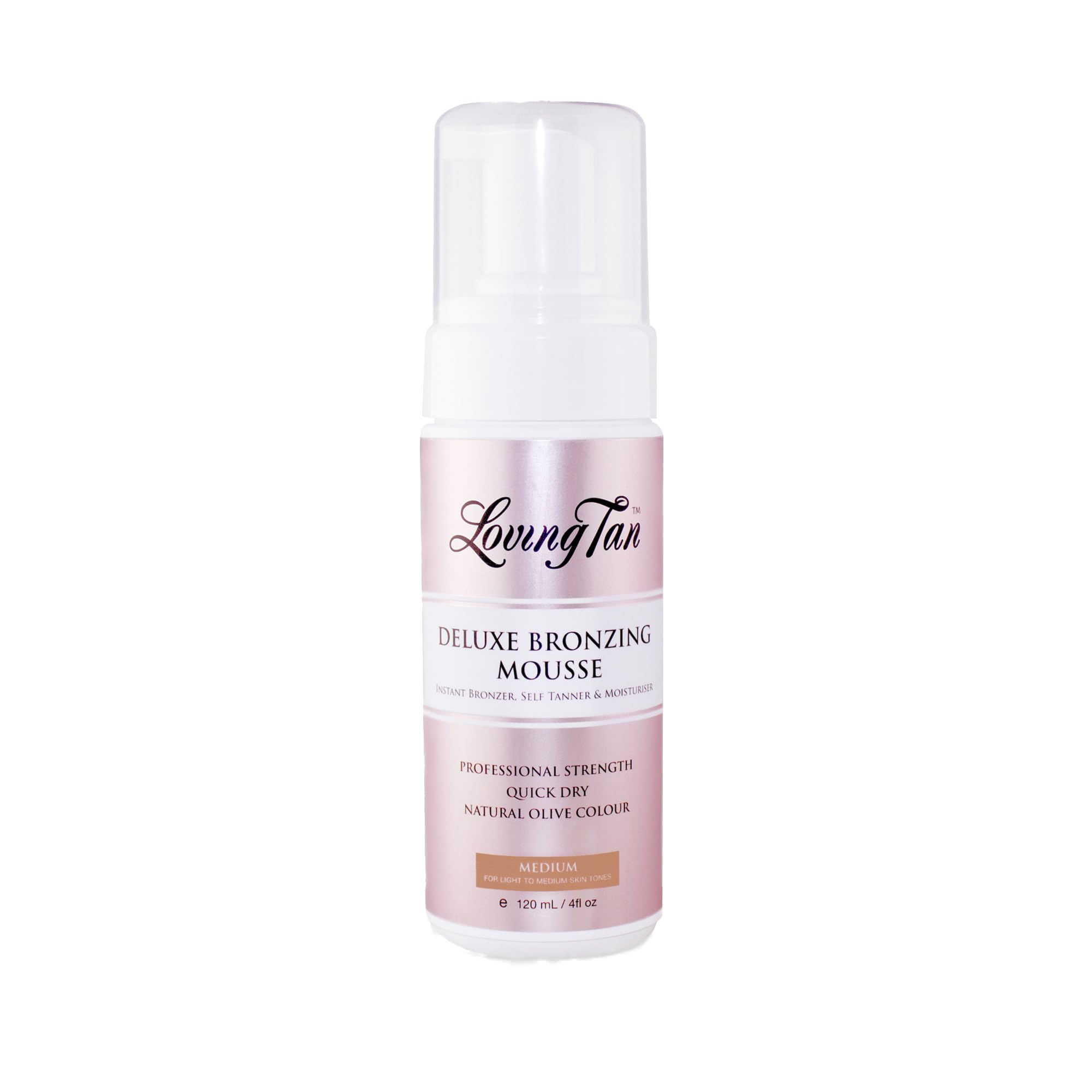 Loving Tan Deluxe Bronzing Mousse, Medium - Streak Free, Natural looking, Professional Strength Sunless Tanner - Up to 5 Self Tan Applications per Bottle, Cruelty Free, Naturally Derived DHA - 4 FL Oz