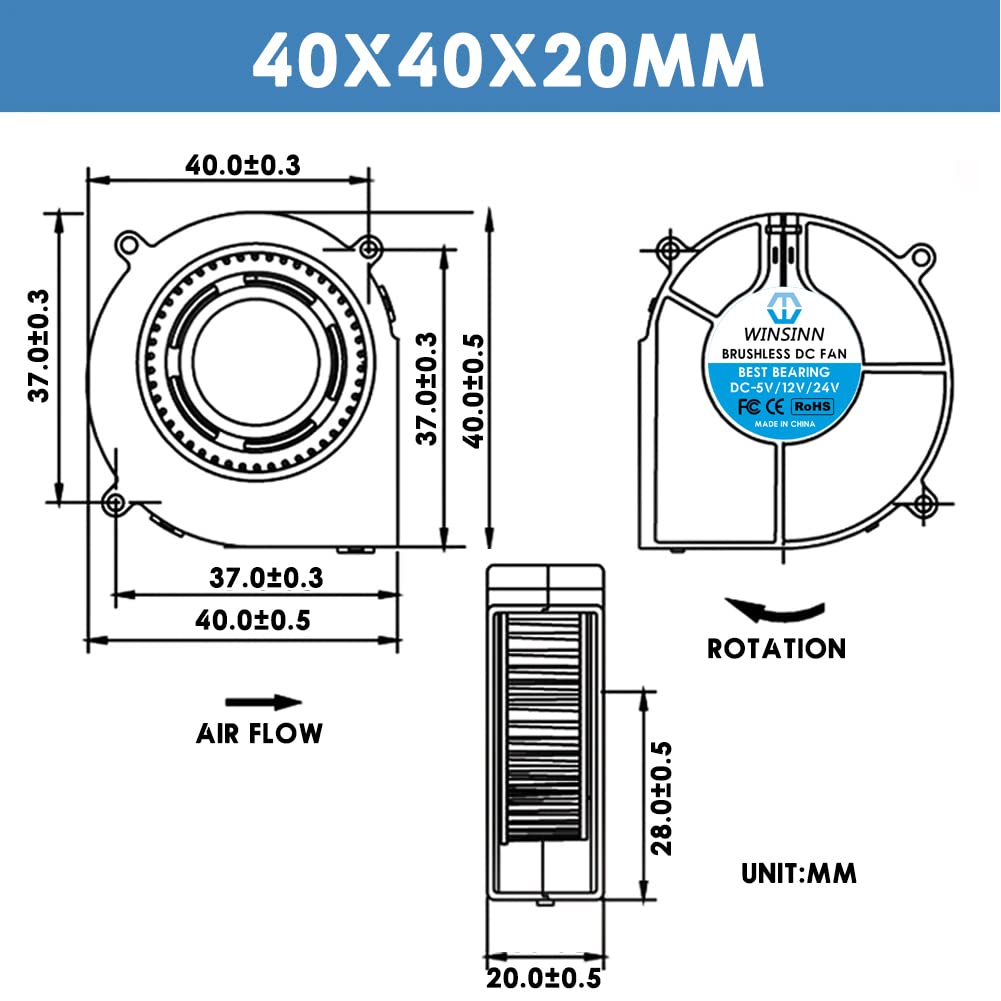 WINSINN 40mm Blower Fan 24V, 3D Printer Micro 24 Volt Fans Blower 4020 Hydraulic Bearing, 40mmx20mm 2PIN (Pack of 4Pcs)