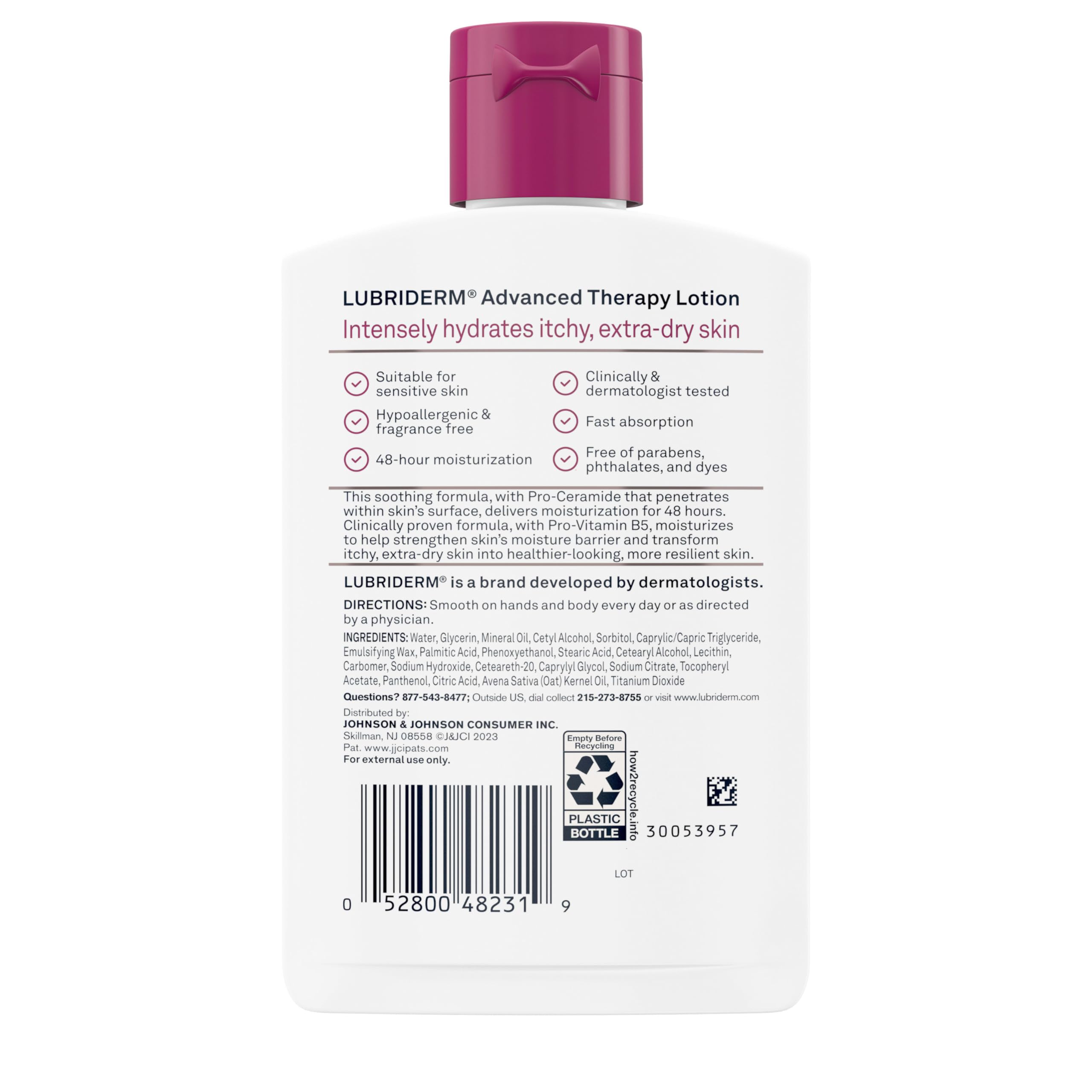 Lubriderm Advanced Therapy Fragrance Free Moisturizing Hand & Body Lotion + Pro-Ceramide with Vitamins E & Pro-Vitamin B5, Intense Hydration for Itchy, Extra Dry Skin, Non-Greasy, 6 fl. oz