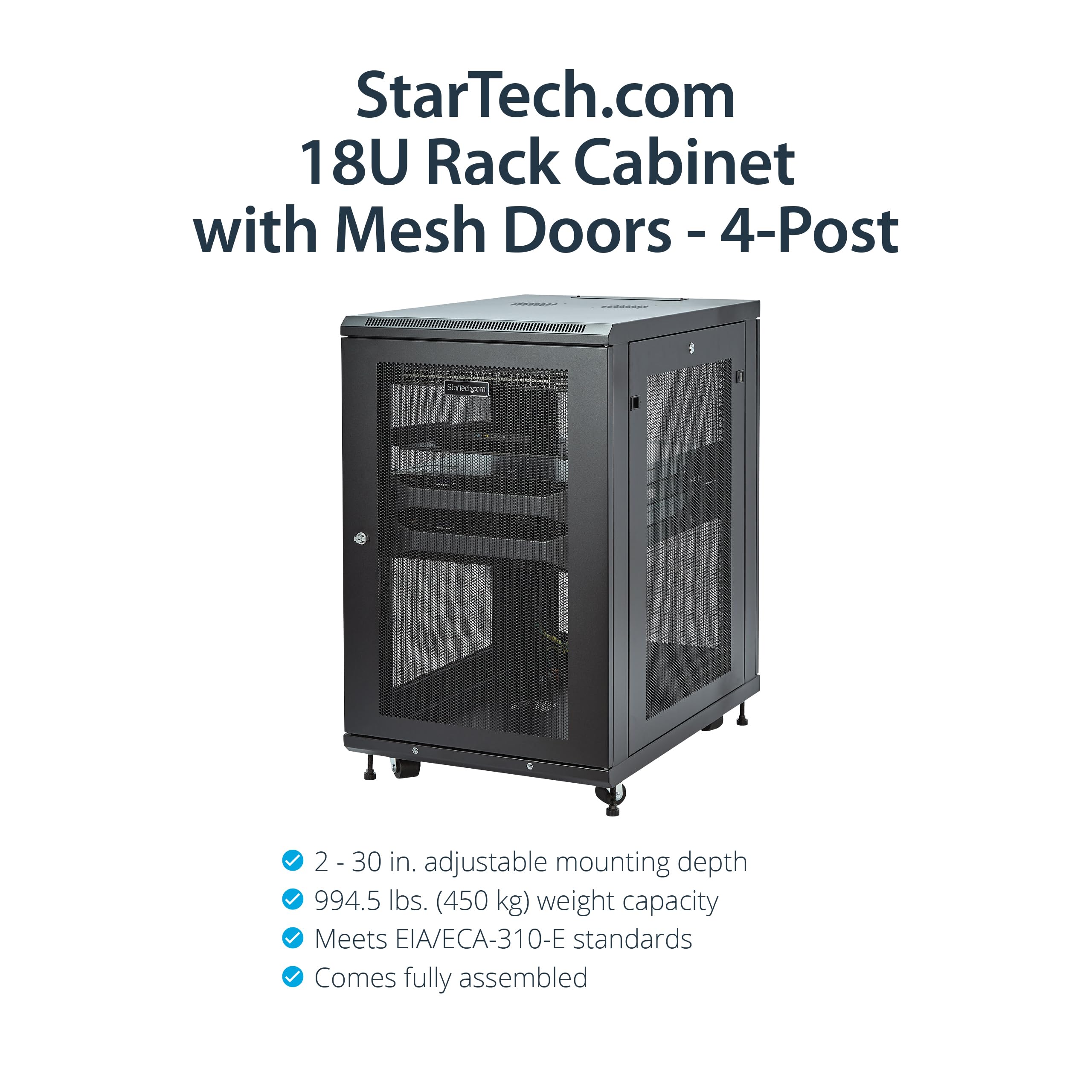 StarTech.com 4-Post 18U Server Rack Cabinet, 19" Data Rack Cabinet for IT / Network Equipment, with Adjustable Mounting Rails