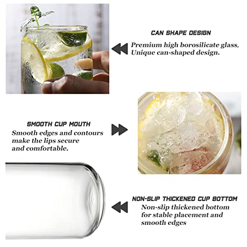 Glass Cups with Lids and Straws 4pcs Set, 16oz Can Shaped Drinking Glasses Set, Beer Glasses, Iced Coffee Cup, Cute Tumbler Cup for Juice, Water, Soda, Tea, Gift
