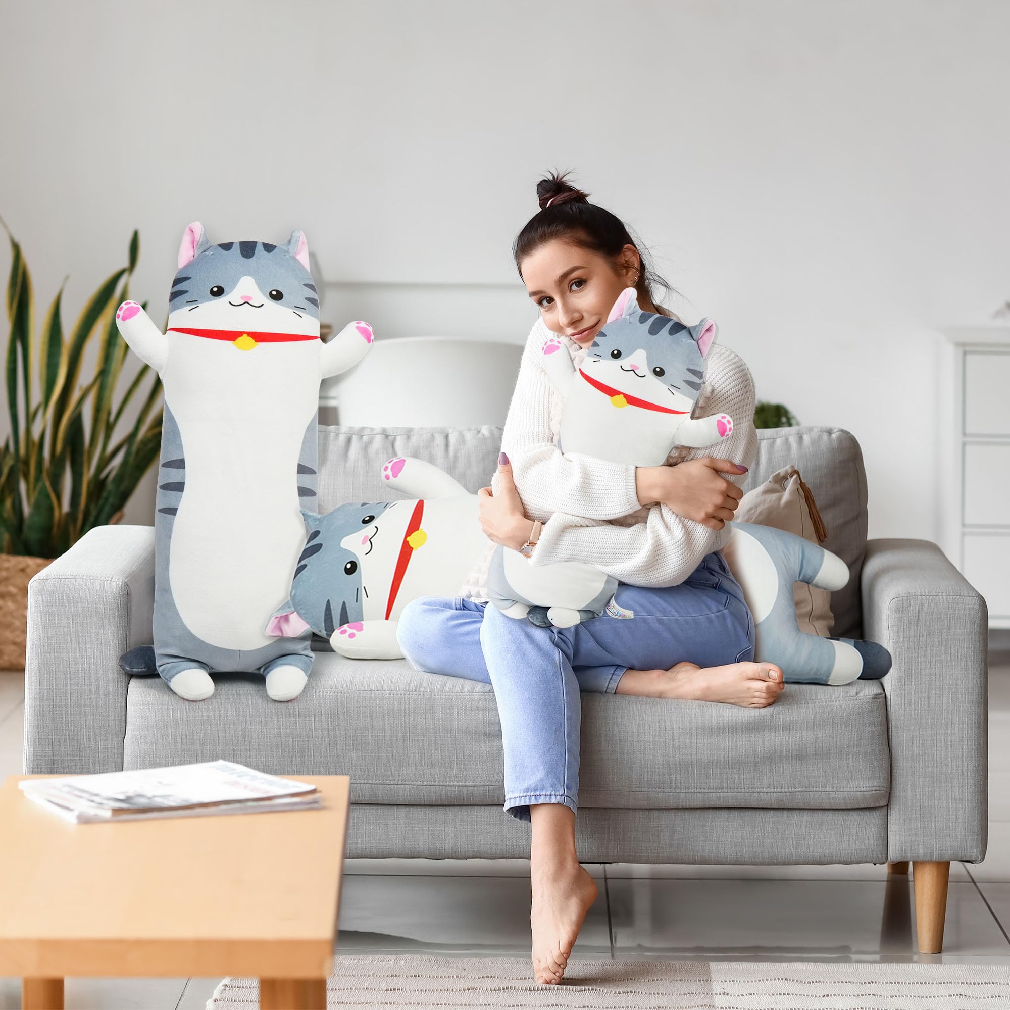 BenBen Long Cat Plush Pillow, 43 inch Cat Stuffed Animal, Cute Body Pillow for Adults, Kids, Soft Cuddle Pillow, Large Huggable Kitten Plushies Gift for Birthday, Christmas