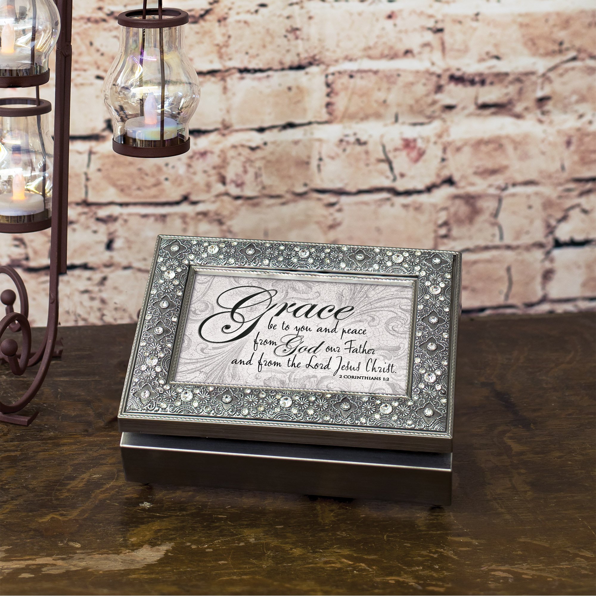 Cottage Garden Grace Peace from God Filigree Jewel Bead Silver Tone Music Box Plays Amazing Grace