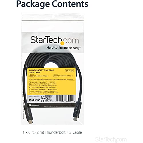 StarTech.com Thunderbolt 3 Cable - 6 ft / 2m - 4K 60Hz - 40Gbps - USB C to USB C Cable - Thunderbolt 3 USB Type C Charger (TBLT3MM2MA)