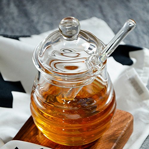 Mkono Honey Dispenser Glass Honey Jar with Dipper and Lid Honey Pot Container for Home Kitchen Storing Honey and Syrup,9 Ounce