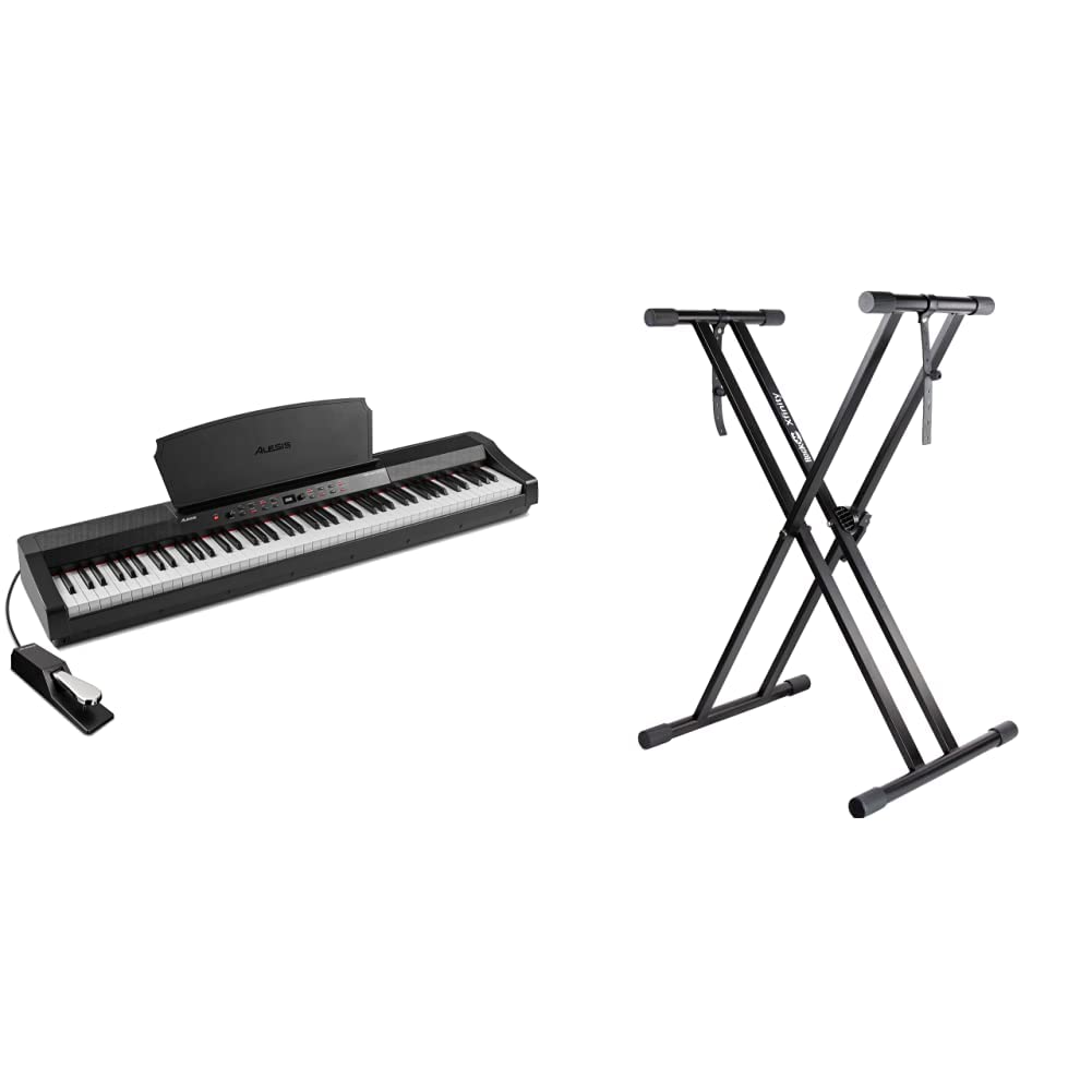 Alesis Prestige Artist 88 Key Digital Piano + RockJam Xfinity Heavy-Duty, Double-X, Pre-Assembled, Infinitely Adjustable Piano Keyboard Stand with Locking Straps
