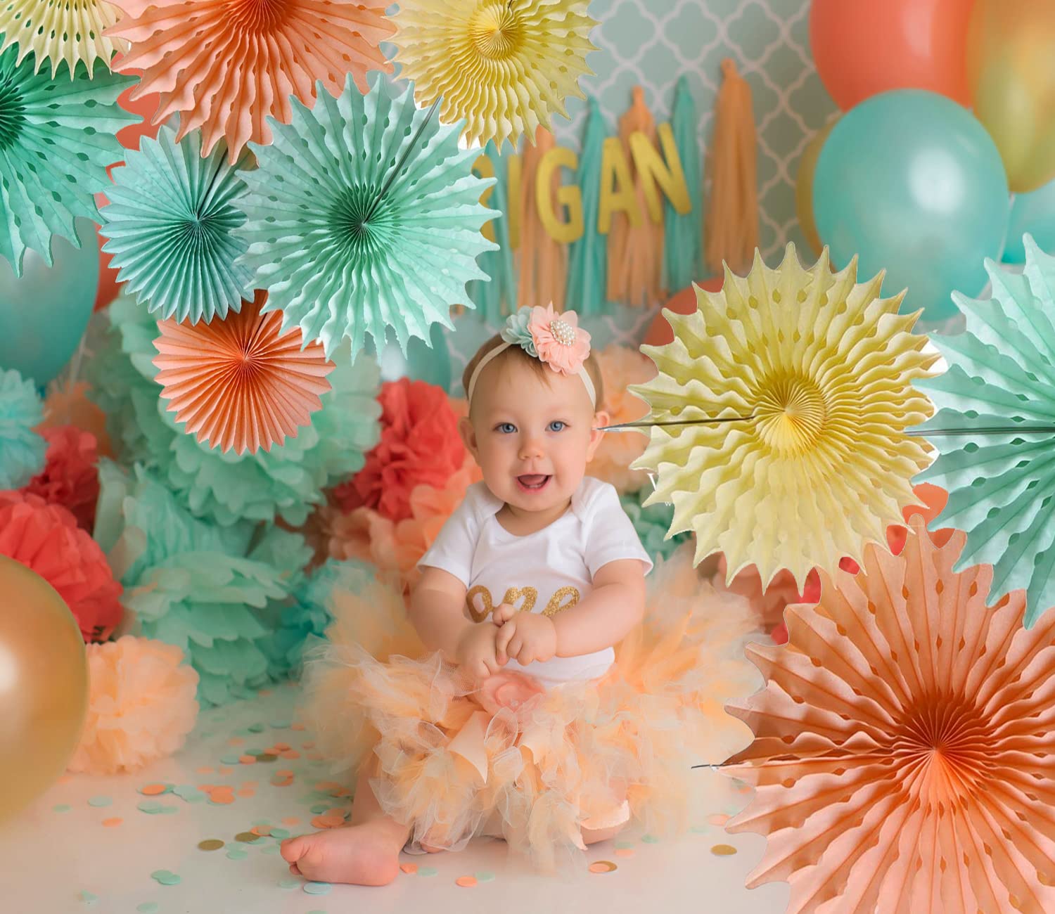 Boho Rainbow Party Decorations/Mint Peach Birthday Party Decorations/Mint Peach Baby Shower Decorations/7pcs Tissue Paper Fan Flower/Mint Peach Wedding Bridal Shower/