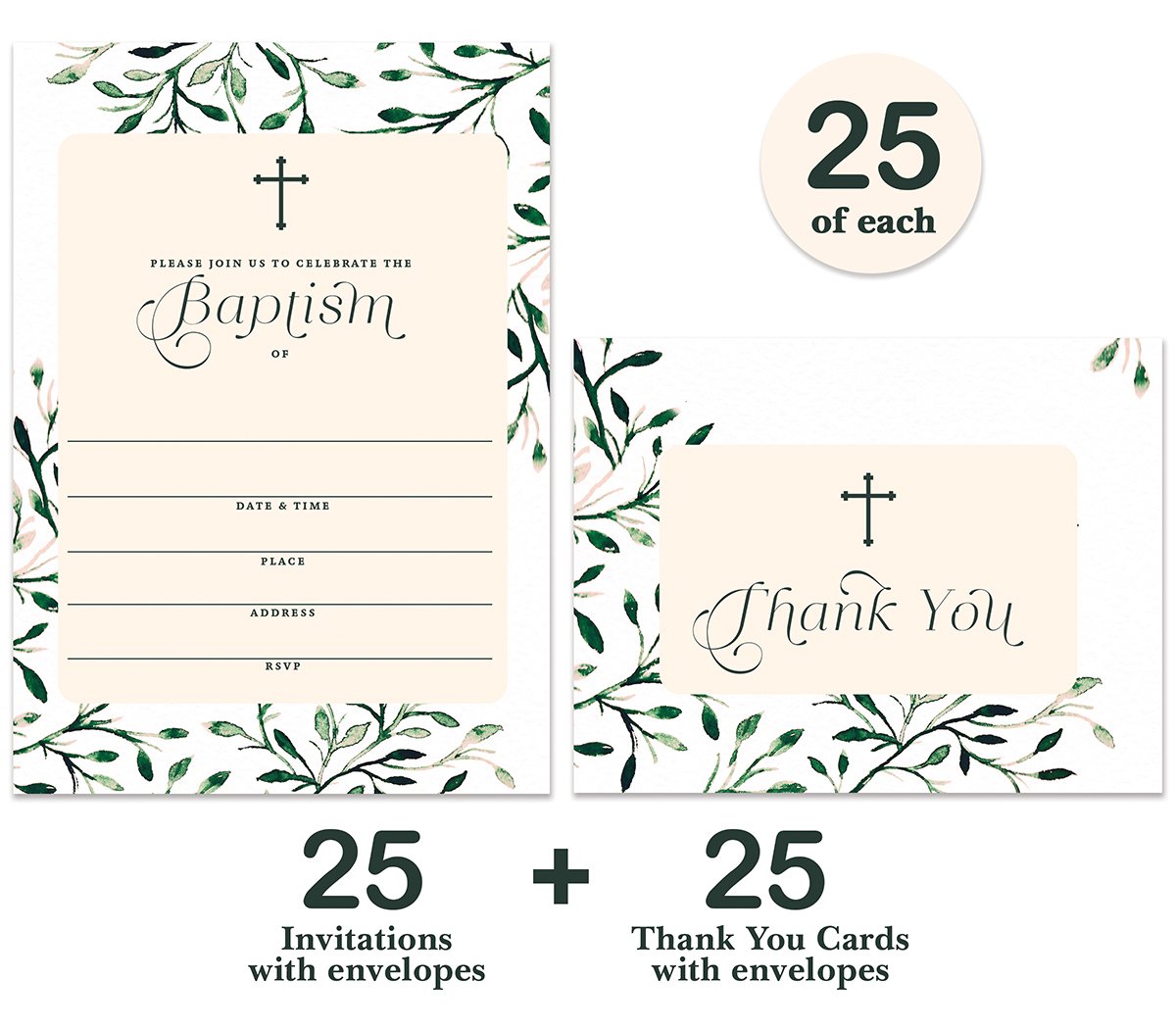 DB Party Studio Baptism Invitations ( 25 ) & Matching Thank You Cards ( 25 ) Set with Envelopes, Pretty Delicate Leaf Design 5 x 7" Fill-in Invites & Folded Thanks Notes Baby Infant Christening Pair