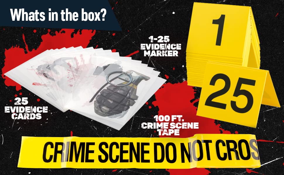 Crime Scene Decorations Kit, Crime Mystery Dinner Party Game Supplies, Includes Crime Scene Tape, 25 Yellow Evidence Markers, 25 Crime Object Cards