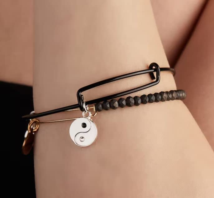 Alex and Ani Accents Beaded Expandable Bangle for Women, Matte Brilliance, Onyx Beads, Rafaelian Gold Finish, 2 to 3.5 in