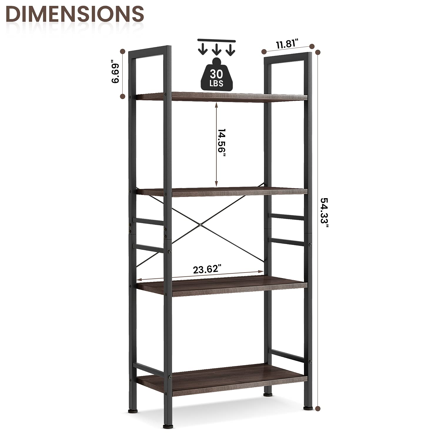 DKLGG 4-Tier Storage Shelves, Bookshelf, Wood Bookcase with Metal Frames and Standing Shelving Unit, Industrial Design Open Standing Organizer for Living Room, Bathroom, Balcony, Office, Rustic Brown