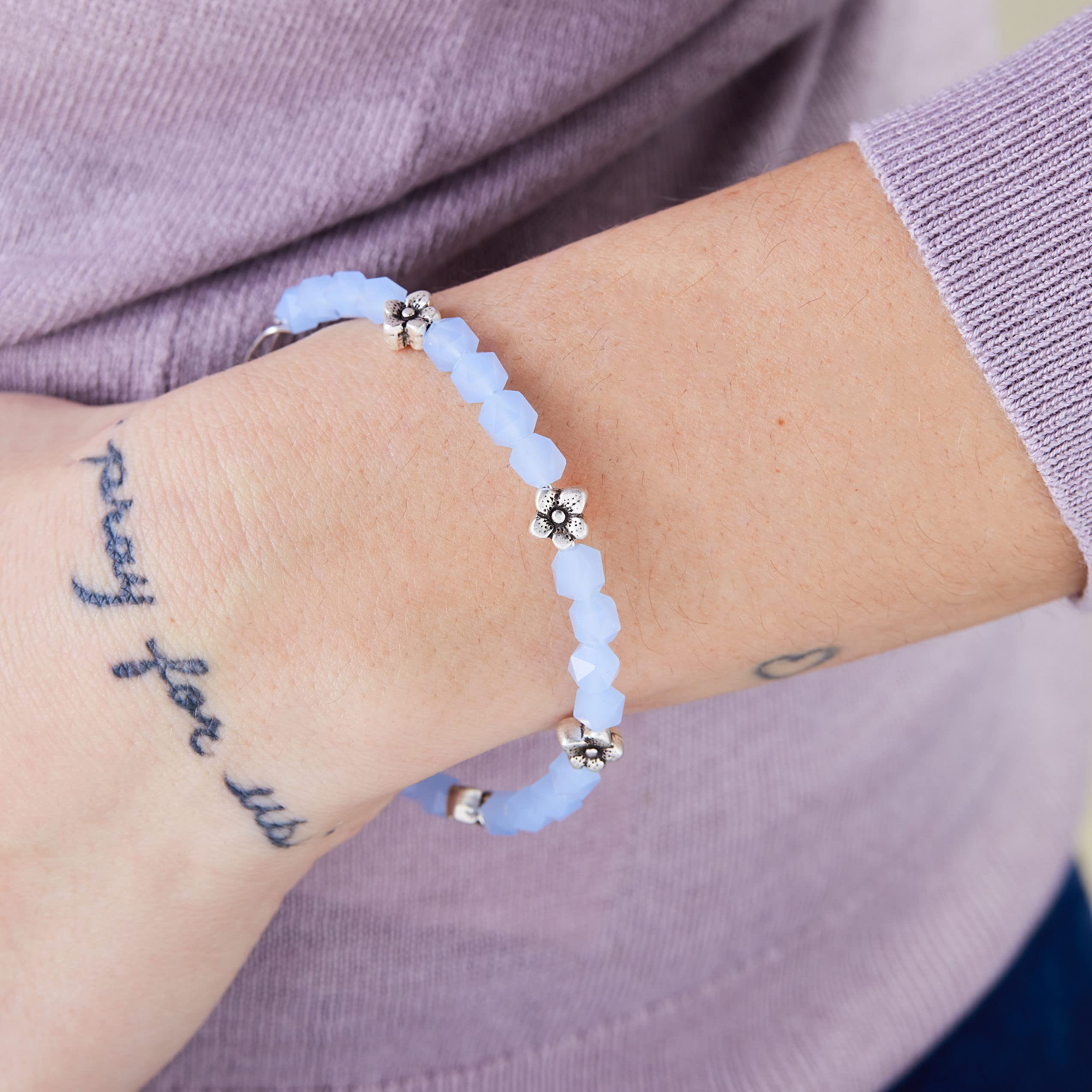 Alex and Ani Daisy and Color Beaded Expandable Bangle for Women, Icy Blue Beads, Rafaelian Silver Finish, 2 to 3.5 in