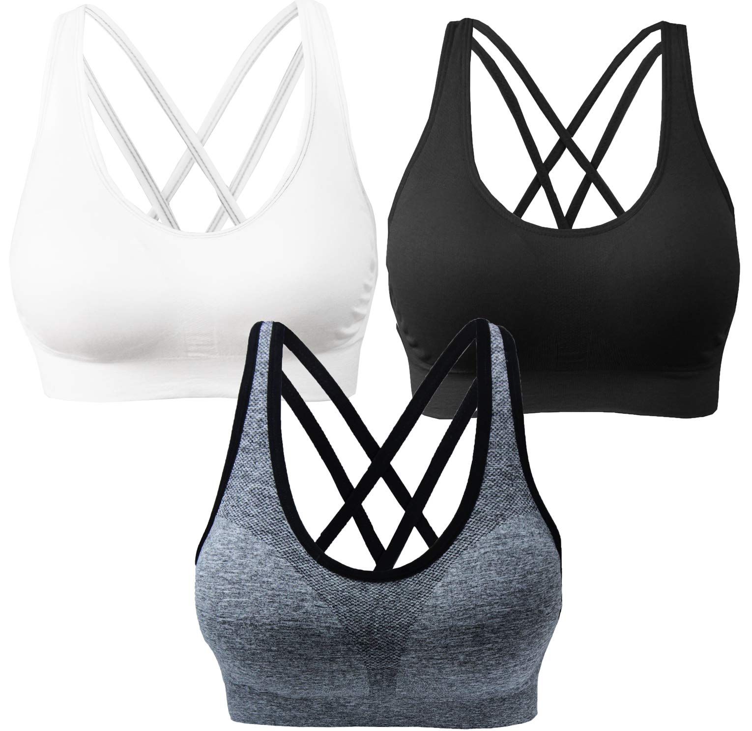 AKAMC Women's Medium Support Cross Back Wirefree Removable Cups Yoga Sport Bras, Pack of 3, Black/White/Grey,Large
